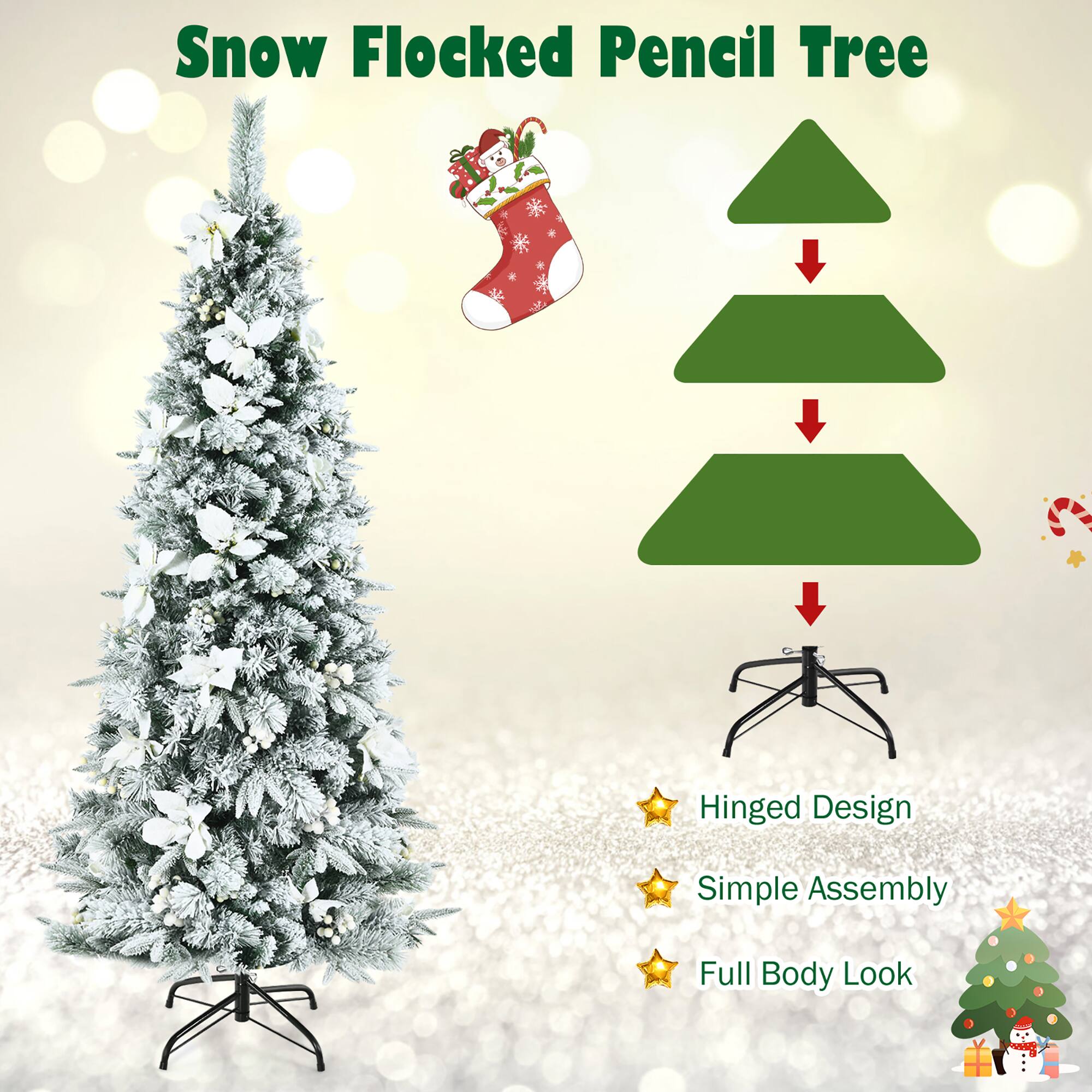 Costway 6ft Snow Flocked Christmas Pencil Tree w/ Berries & Poinsettia ...