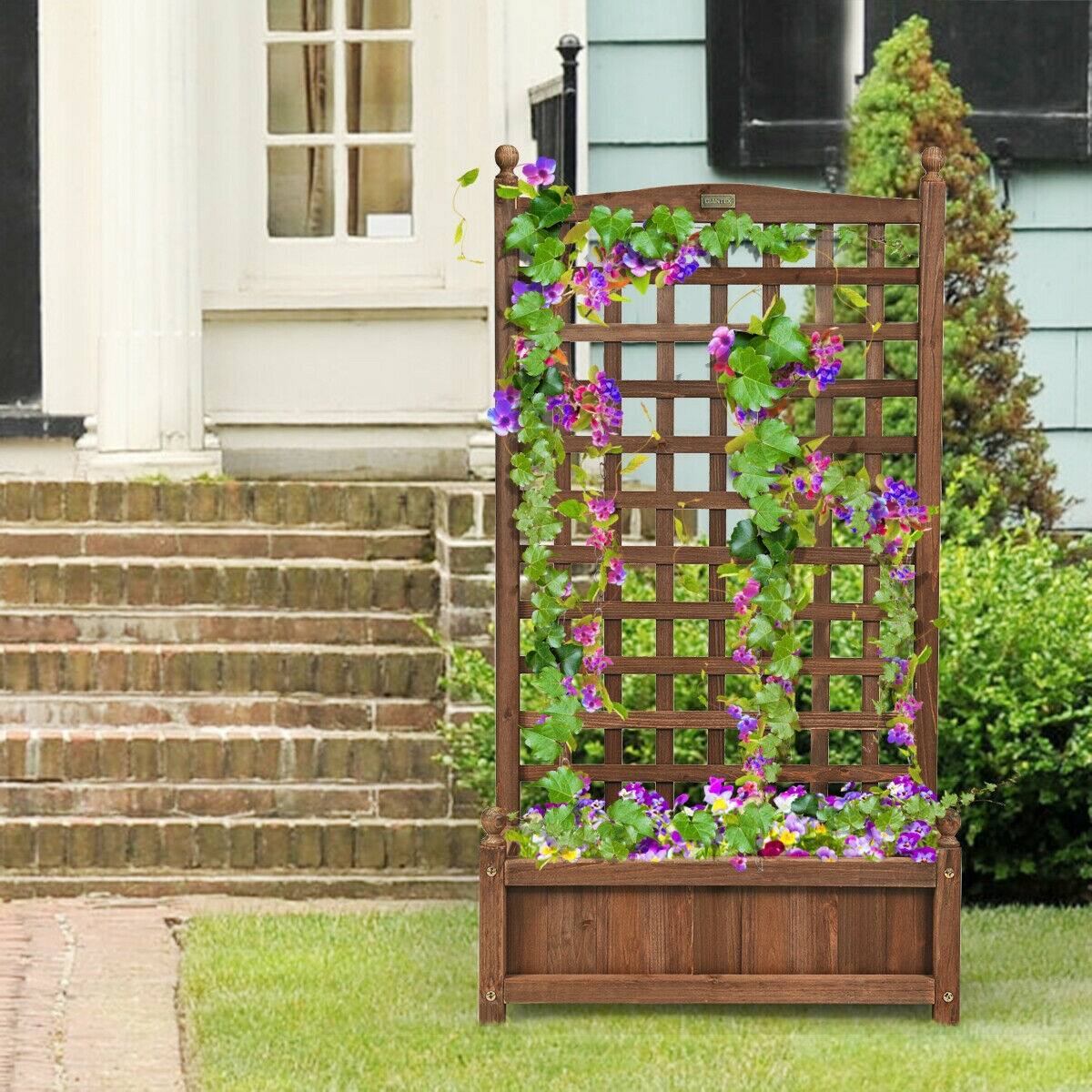 SlickBlue Free Standing Wooden Planter Box with Trellis, Raised Garden ...