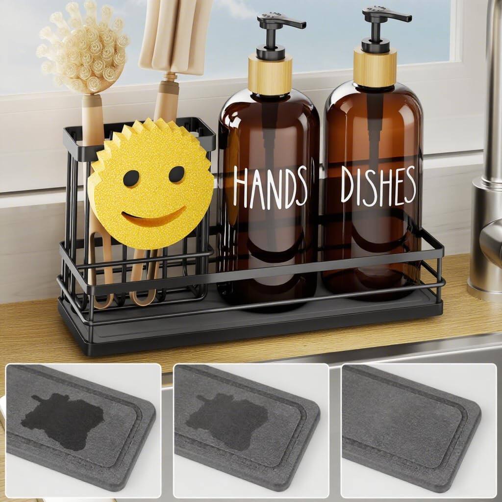 Dapper Styles Kitchen Dish Soap Dispenser Set Glass Bottle Hand And ...