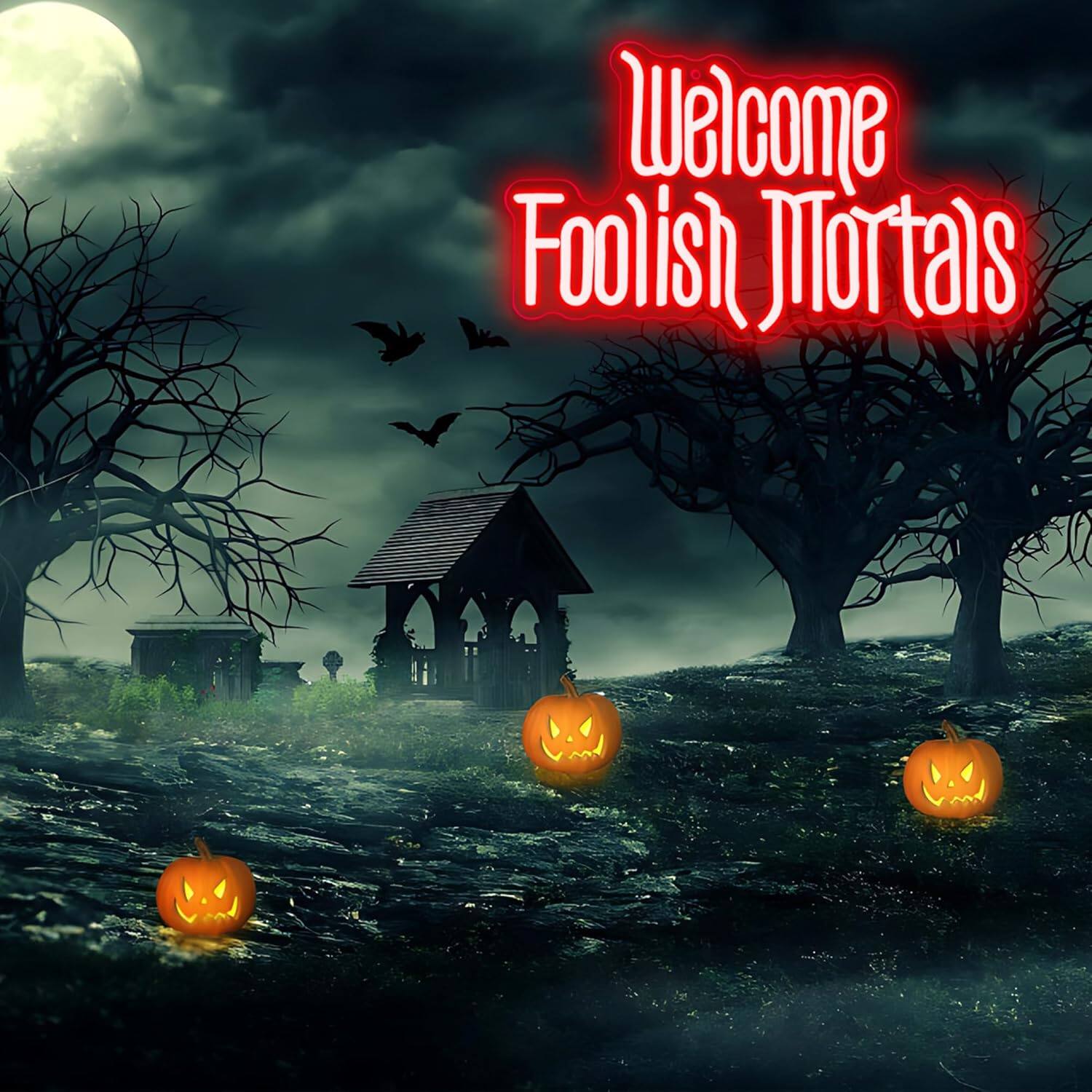 Auledio Welcome Foolish Mortals Neon Sign,Dimmable Spooky Gothic Haunted Mansion Coffin LED Neon ...