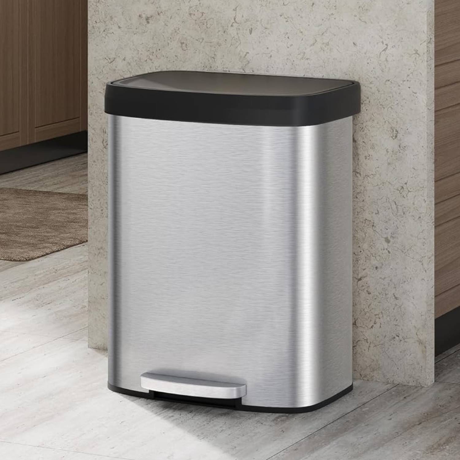 Qeetex 16 Gal Step on Stainless Steel Trash Can with Soft Close Lid for ...