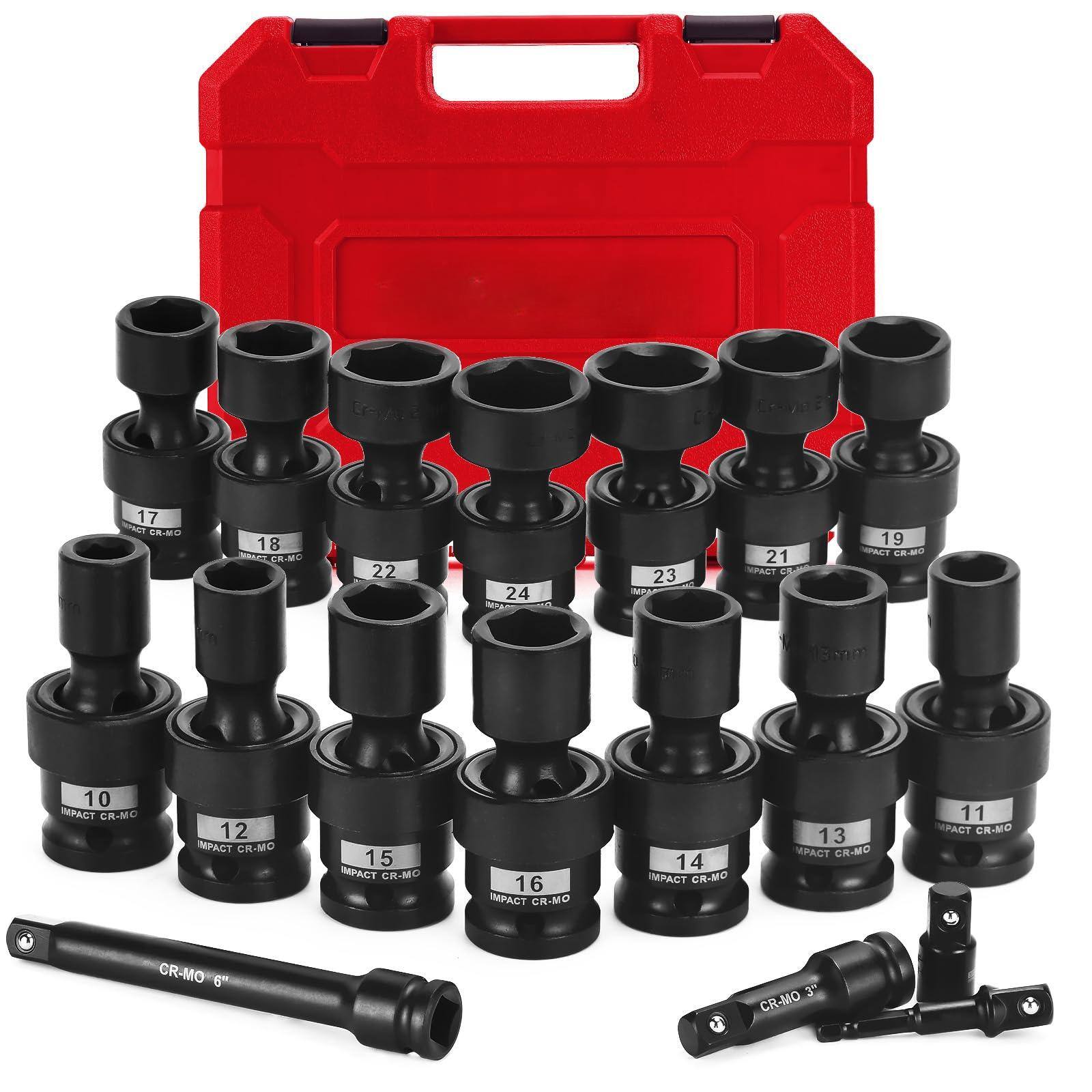 JETRANSPORT 18 1/2" Drive Shallow Universal Impact Socket Set Swivel ...