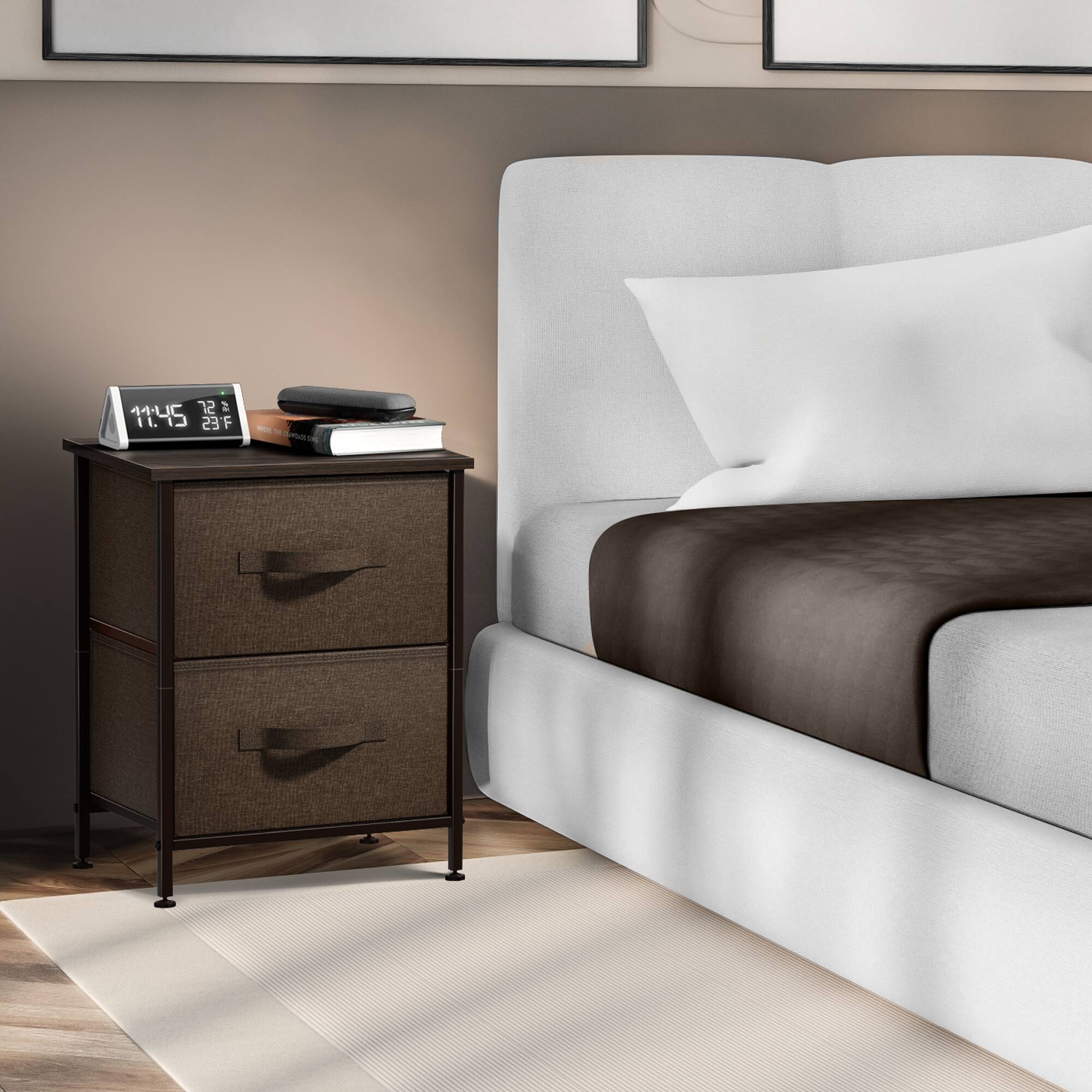 Sorbus Nightstand with 2 Drawers Steel Frame, Wood Top &Fabric Bins ...