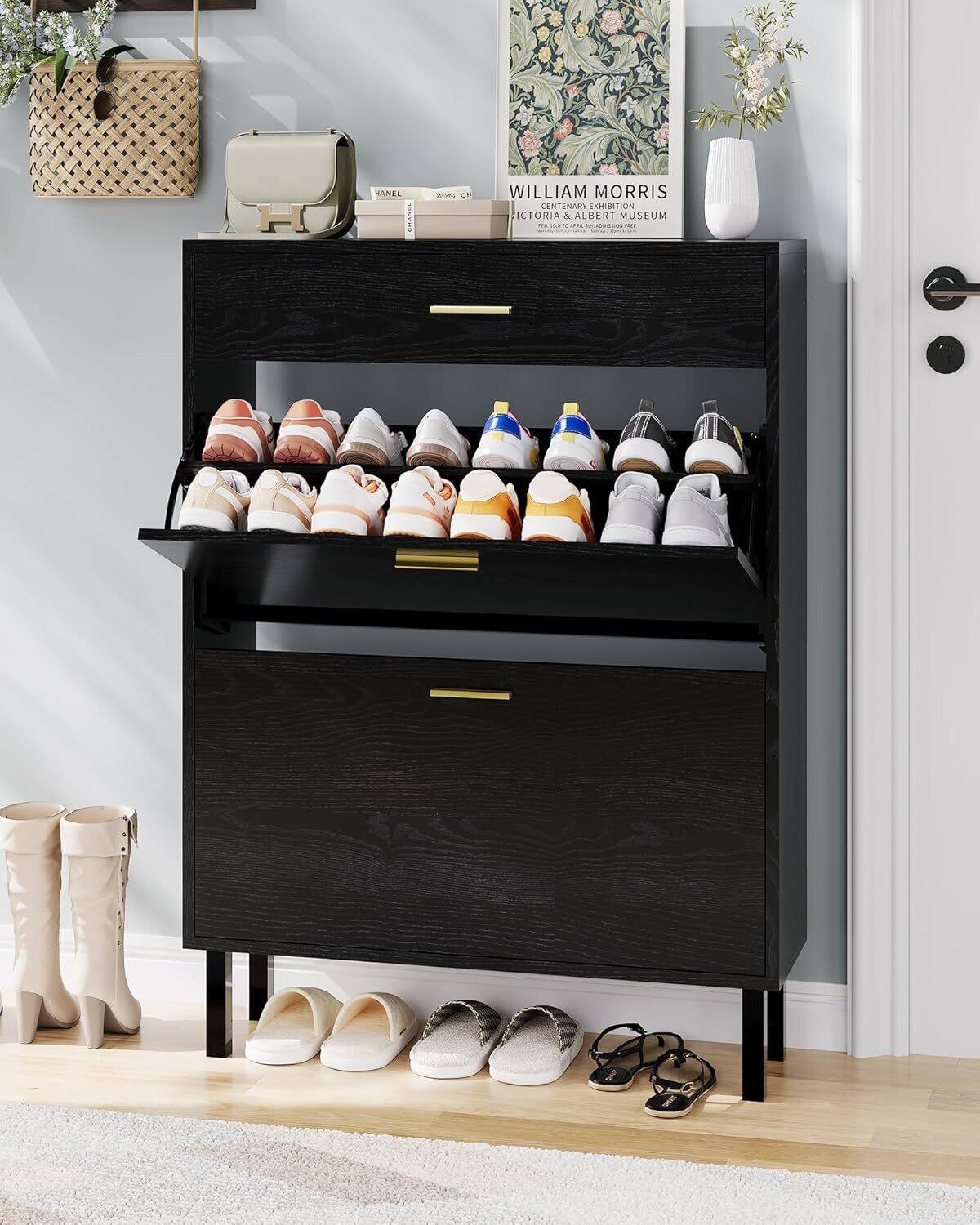 Qeetex Shoe Storage Cabinet with 3 Flip Drawers, Freestanding Shoe ...