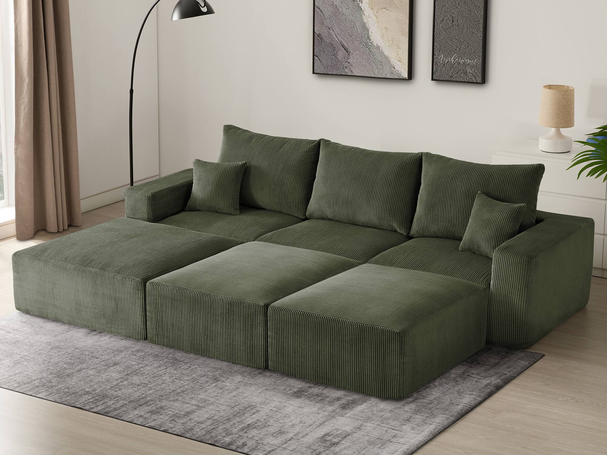 GRANDJOY 113" Modular Foam Sofa Bed with 3 Ottomans, Corduroy Sleeper ...