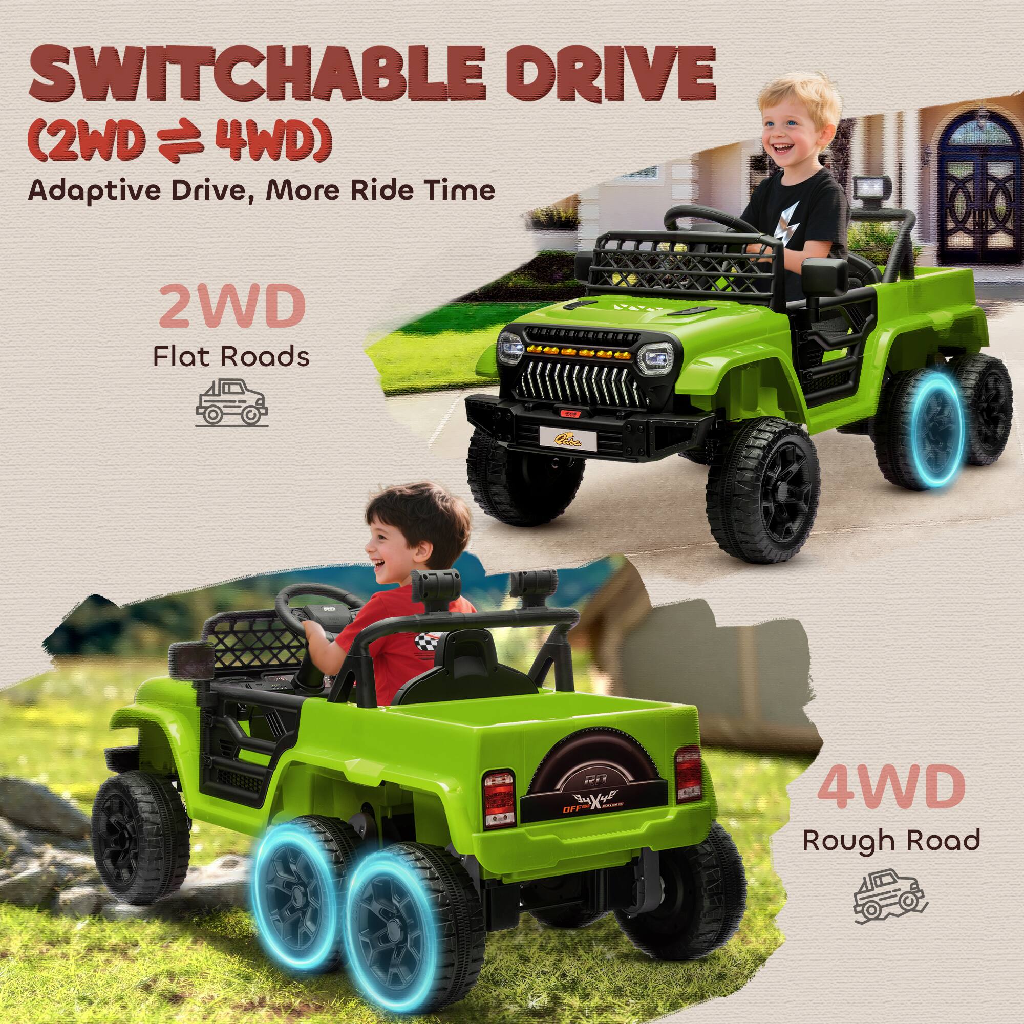 Qaba 12V 4x4 Kids Ride on Truck w/Back Trailer, 2WD/4WD Switchable Car ...