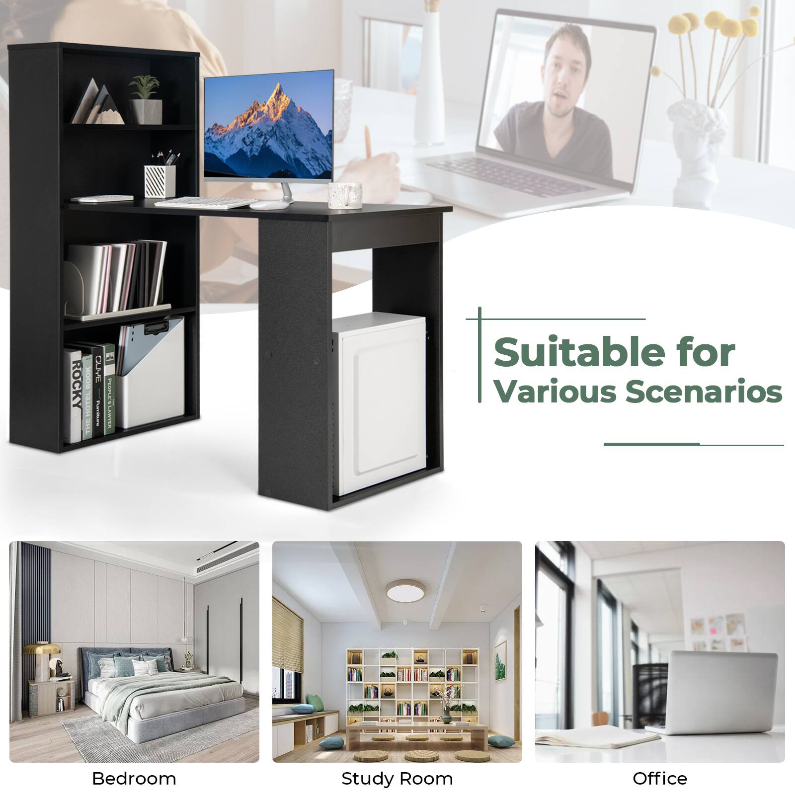 SlickBlue Home Office Computer Desk with CPU Stand & 4 Tier Bookcase ...