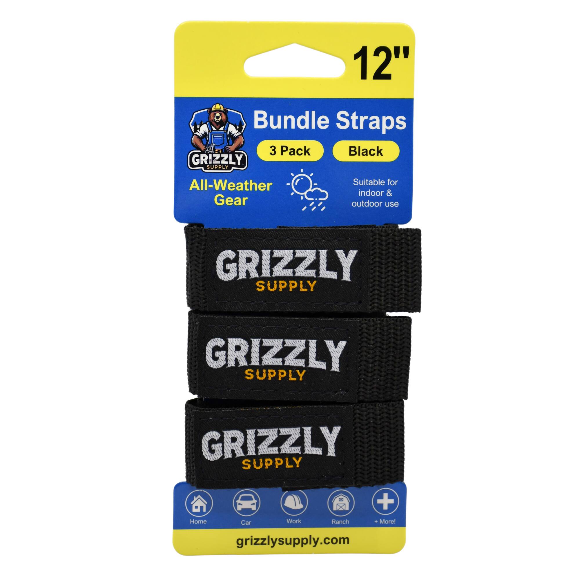 Grizzly Supply 12" Hook and Loop Bundle Strap 3/pk Black GS-HLBS12-0 ...