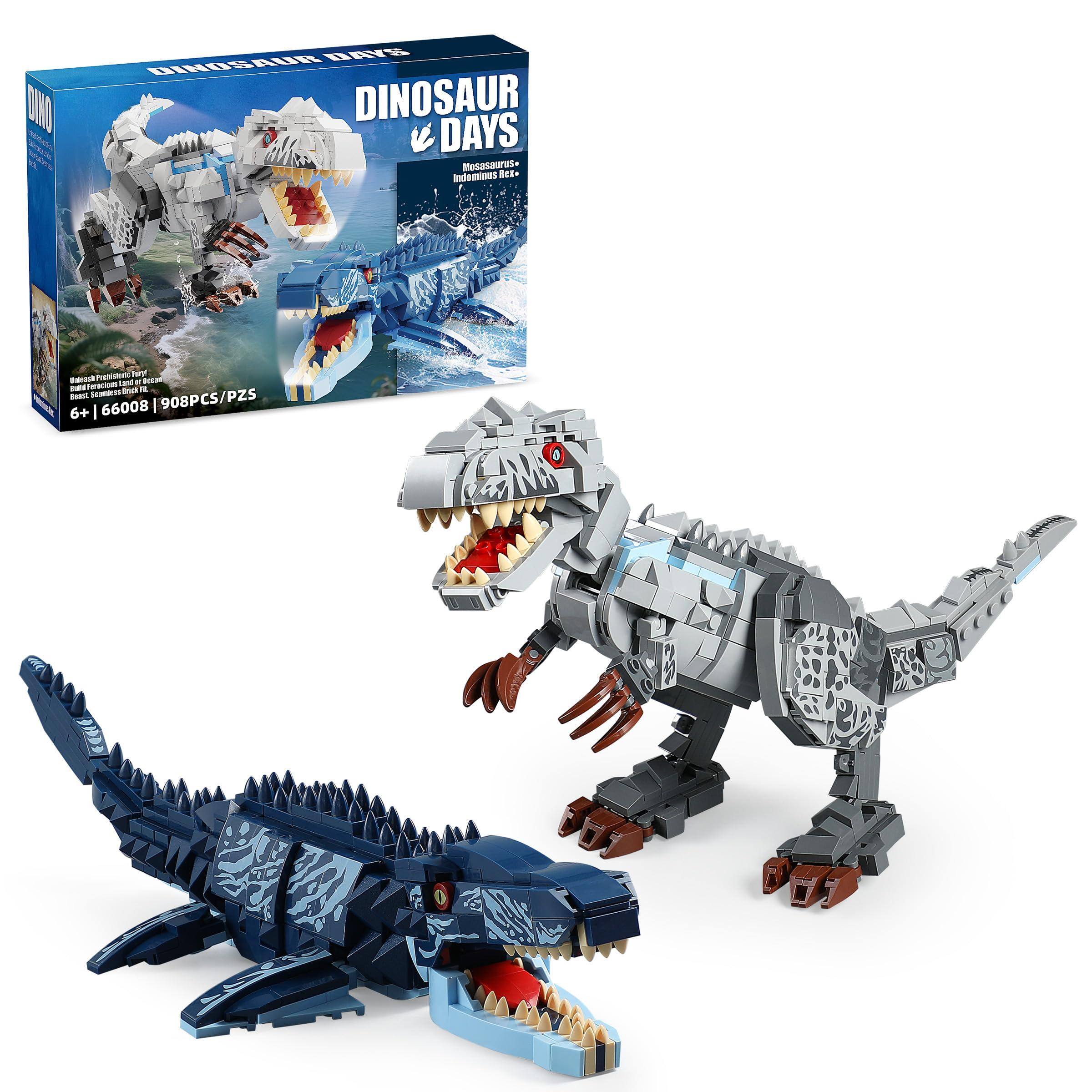 Leash Valley Dual Dinosaur Building Sets Indominus Rex Mosasaurus Toys ...