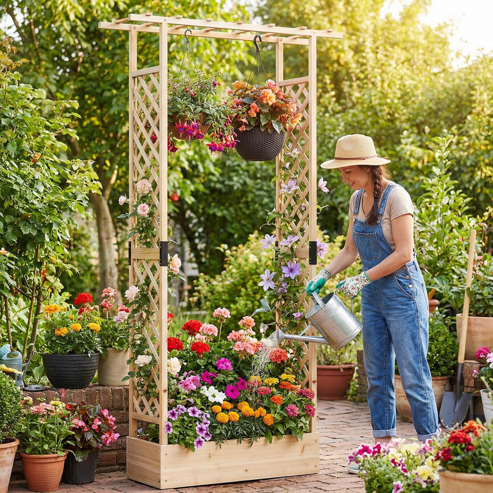 Costway 2 PCS 89" Wooden Raised Garden Bed with Trellis & Hanging Roof ...