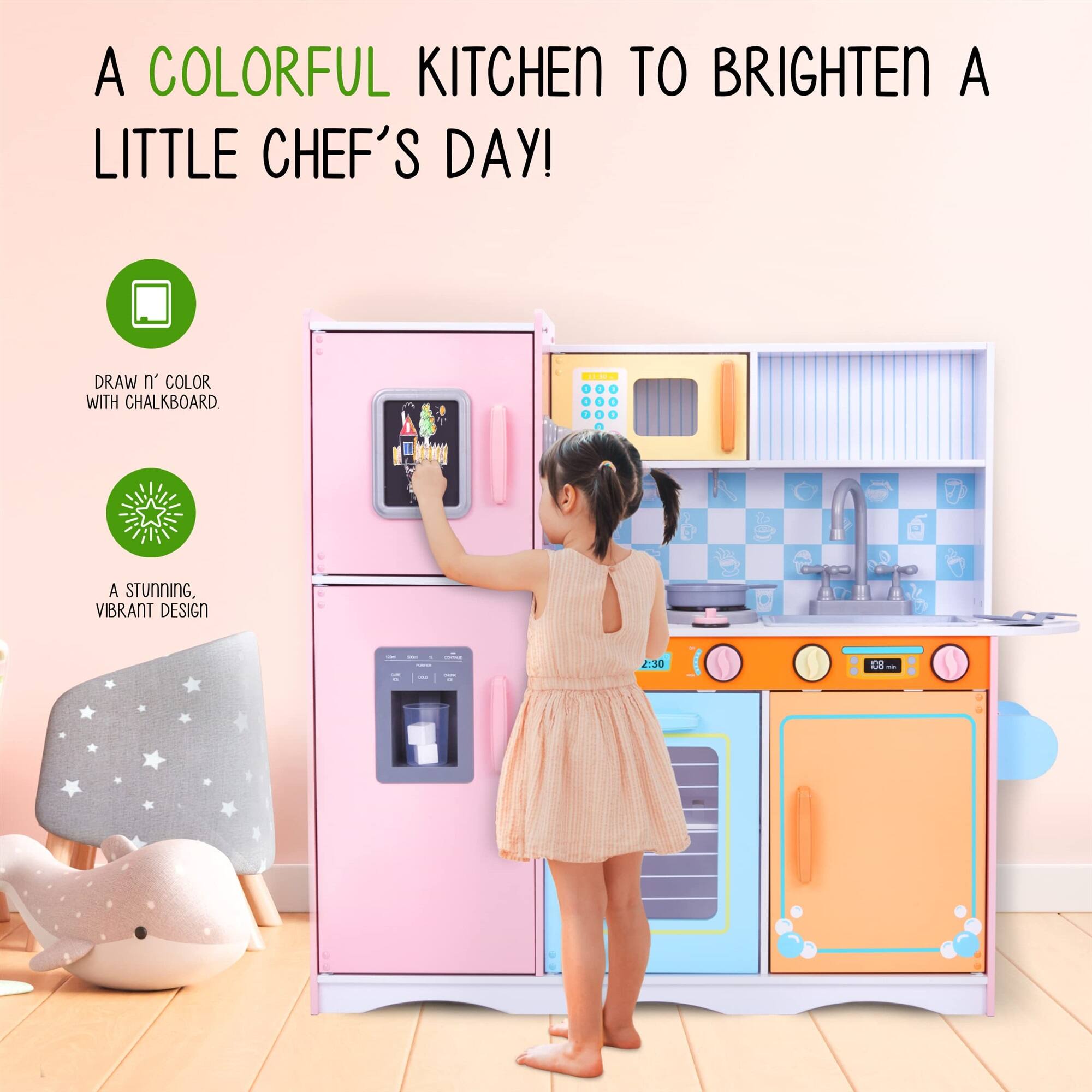 Lil' Jumbl Kids Kitchen Set, Wooden Pretend Play Kitchen with Sounds ...