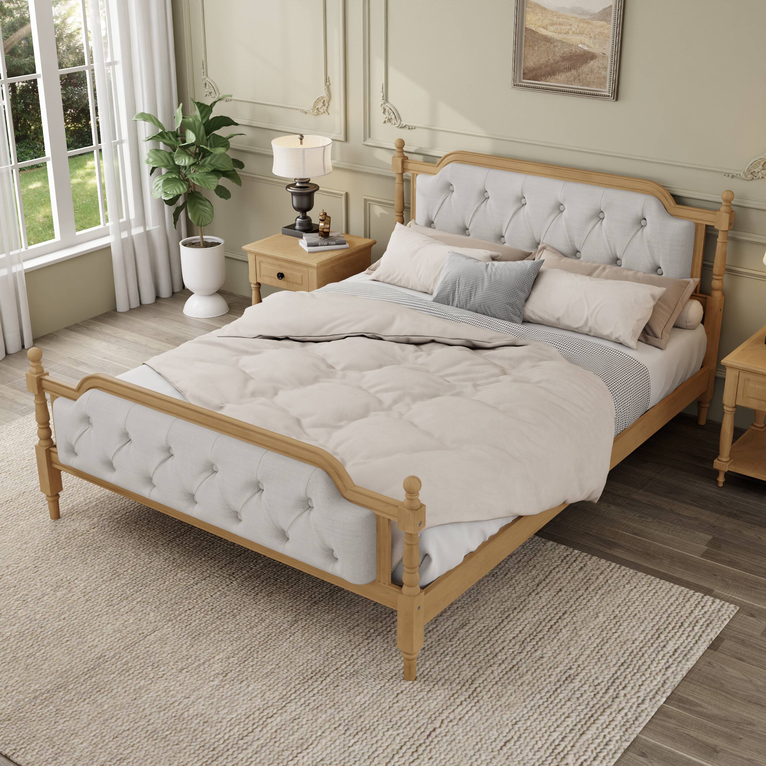 Tiramisubest Traditional Style Solid Wood Bed Frame with Upholstered ...