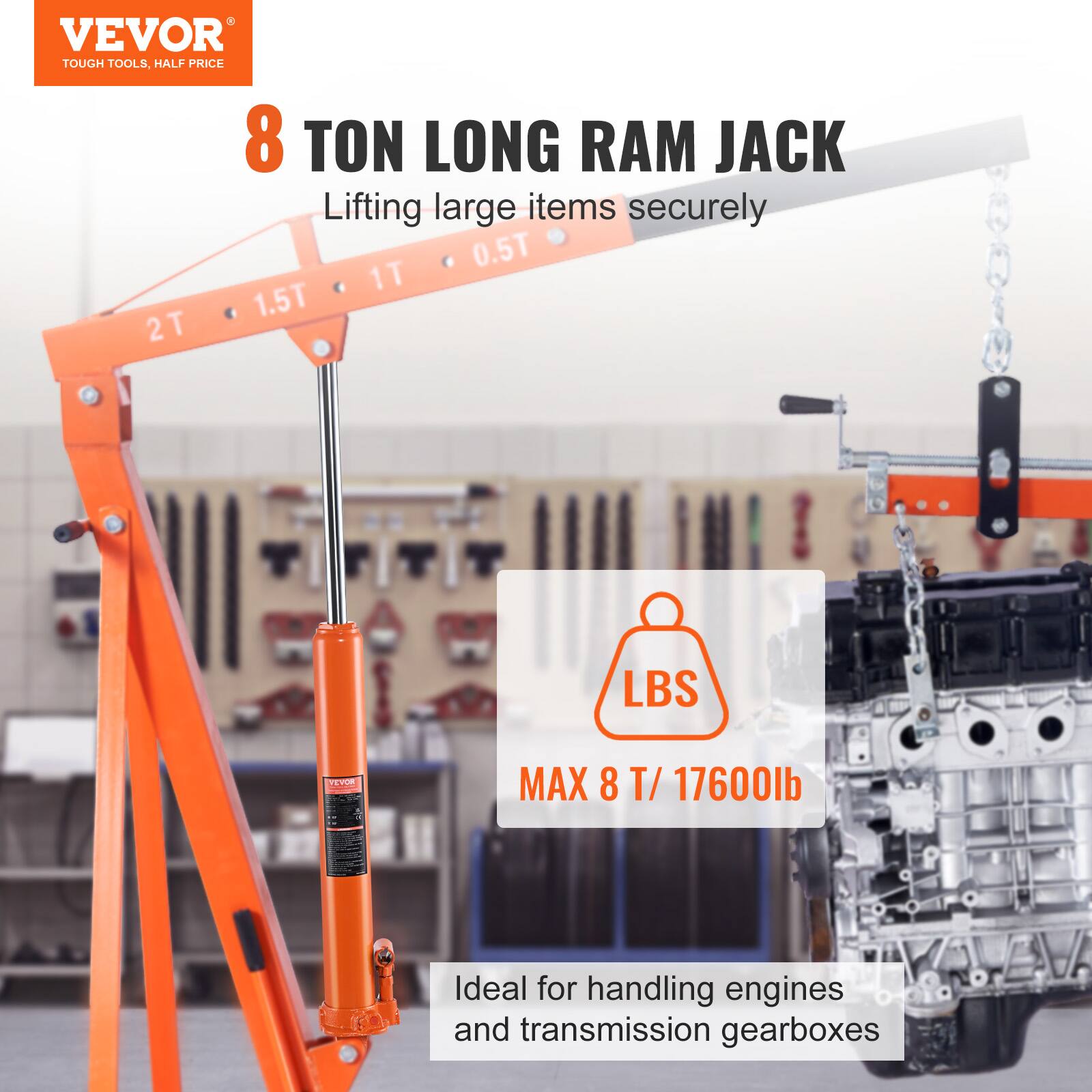 VEVOR Hydraulic Long Ram Jack, 8 Ton Engine Hoist Cylinder with Single ...