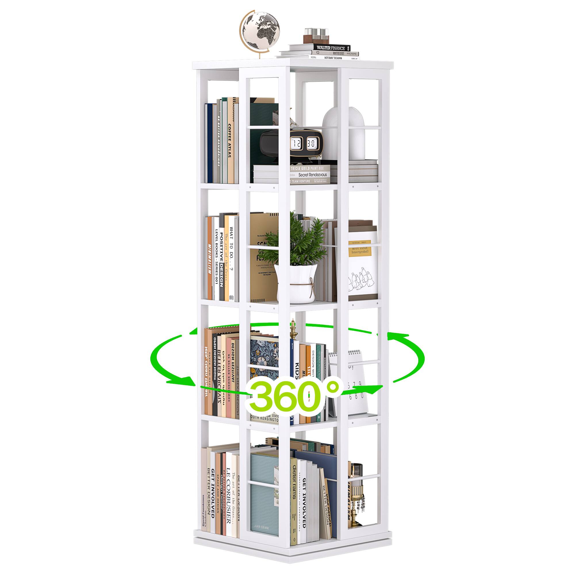 Aheaplus 4 Tier Square Rotating Bookshelf for Small Space White BBY-AP ...