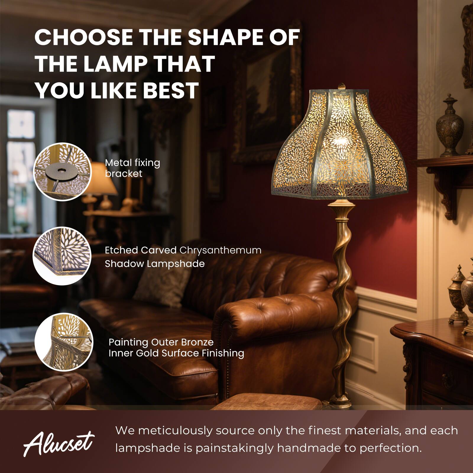 Alucset Octagonal Lotus Metal Lamp Shade with Etched Chrysanthemum ...