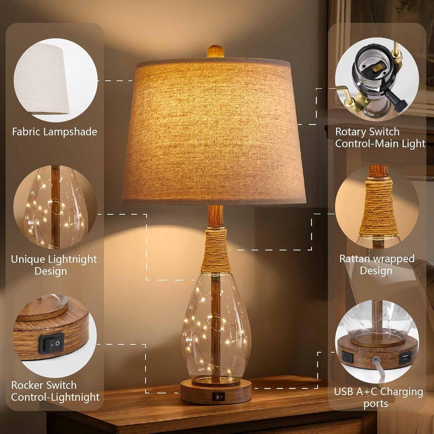 Cozy Serene Table Lamp Light USB Modern Glass Bedside Lamps Retro ...