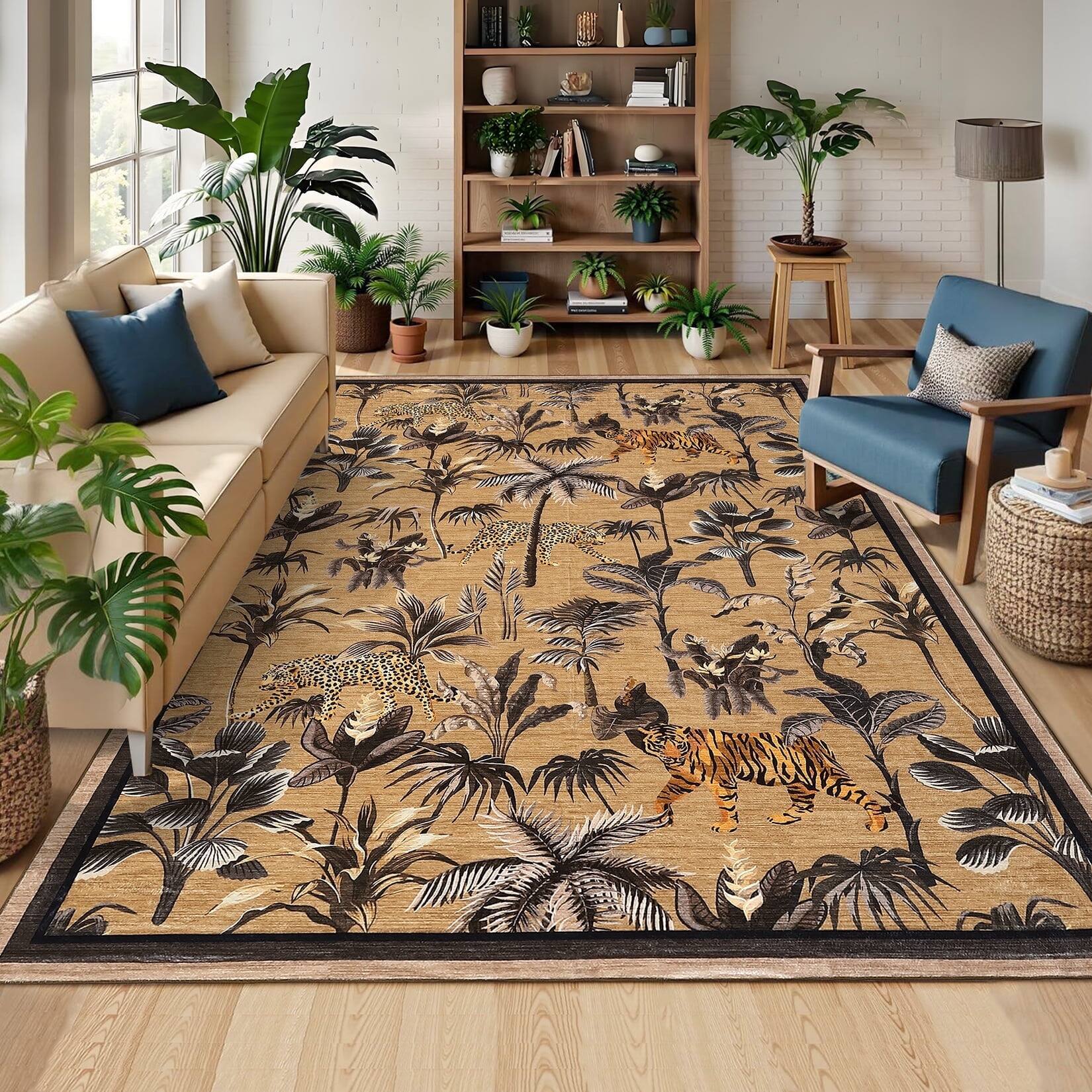Homhougo 9x12 Tiger Area Rug, Tropical Jungle Plant Print, Washable ...