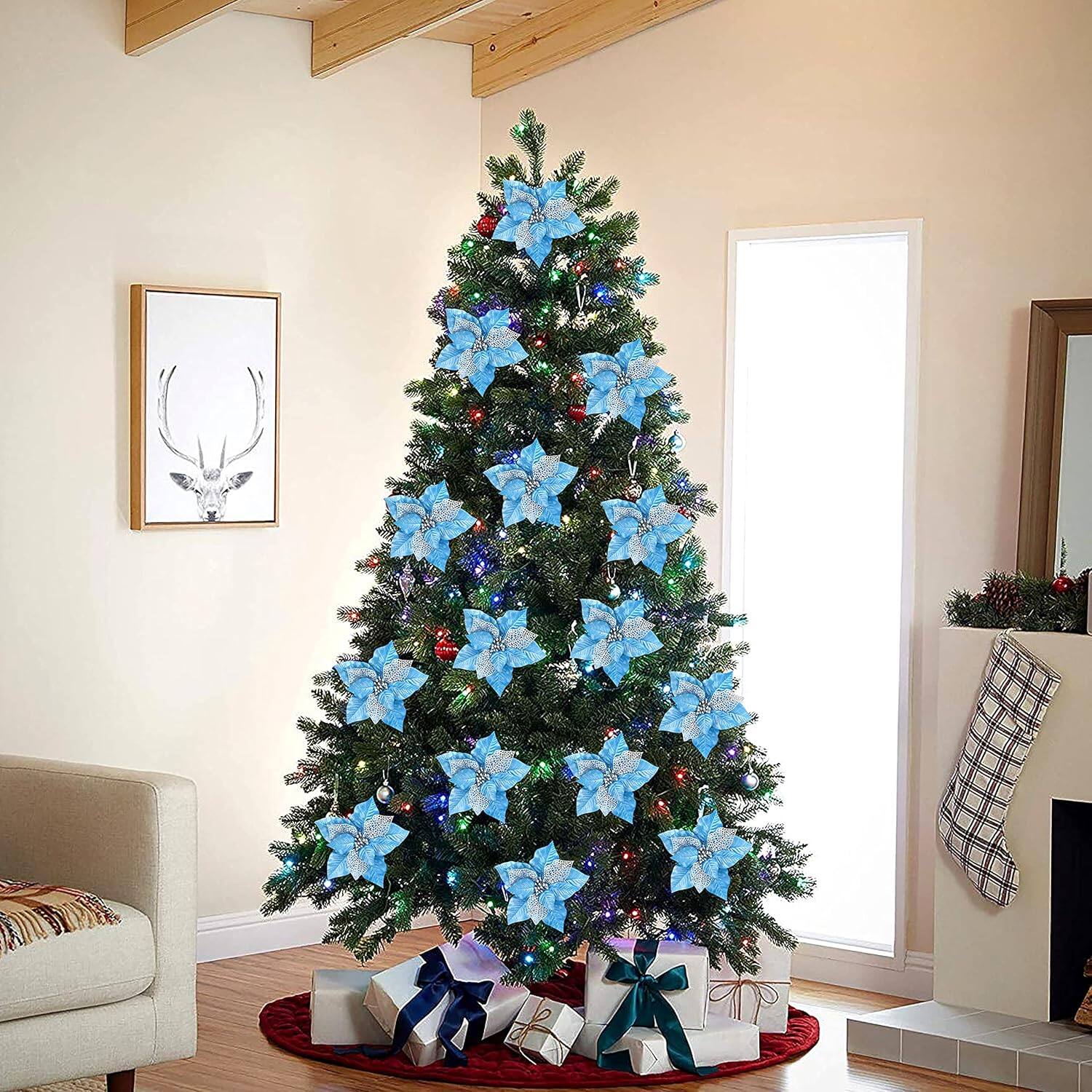 Auledio 10Pcs Christmas Flowers Ornaments,Artificial Glitter Poinsettia ...