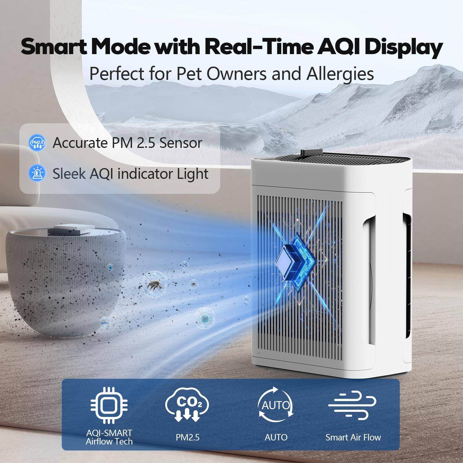 GlowWise Air purifier (3000 sq ft) with washable H13 HEPA filter, dual intakes, PM2.5 sensor ...