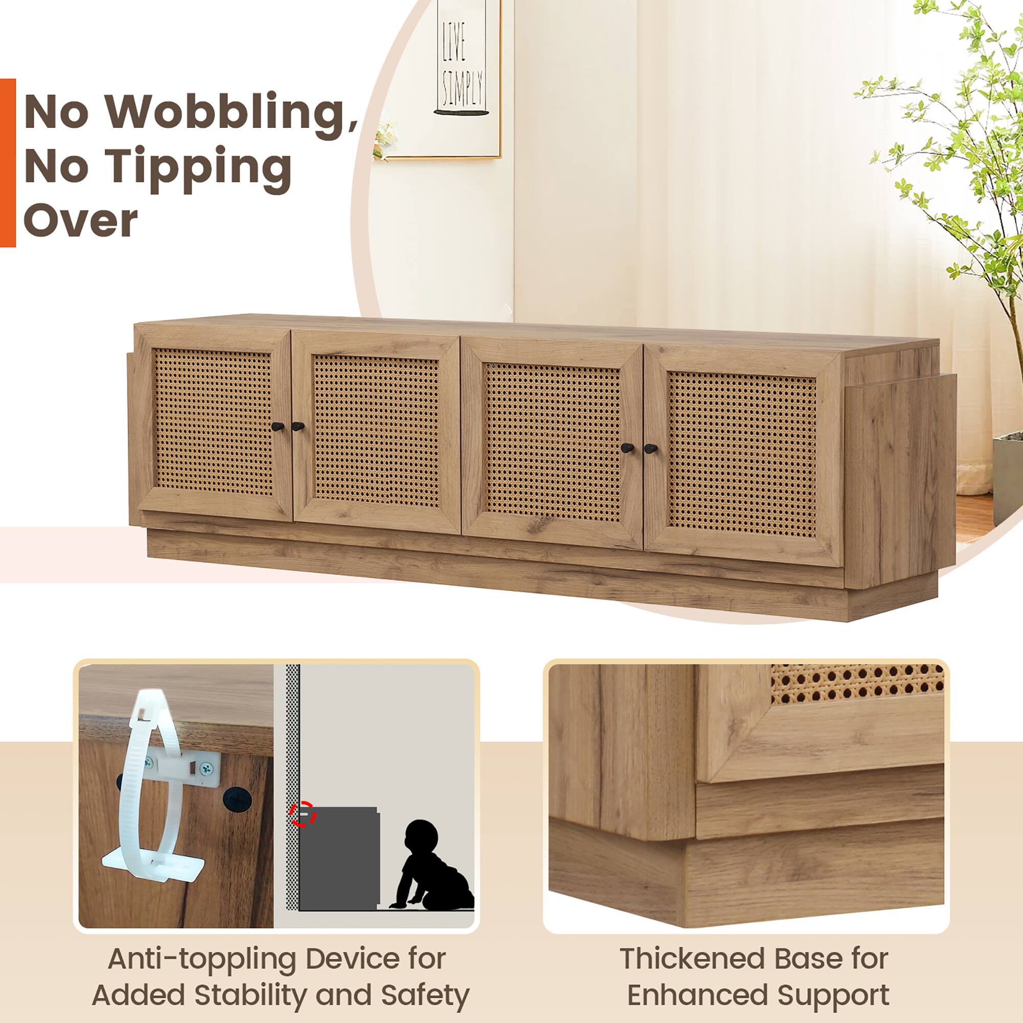 Gymax 4 Door PE Rattan Media Console Table Farmhouse TV Stand for TVs ...