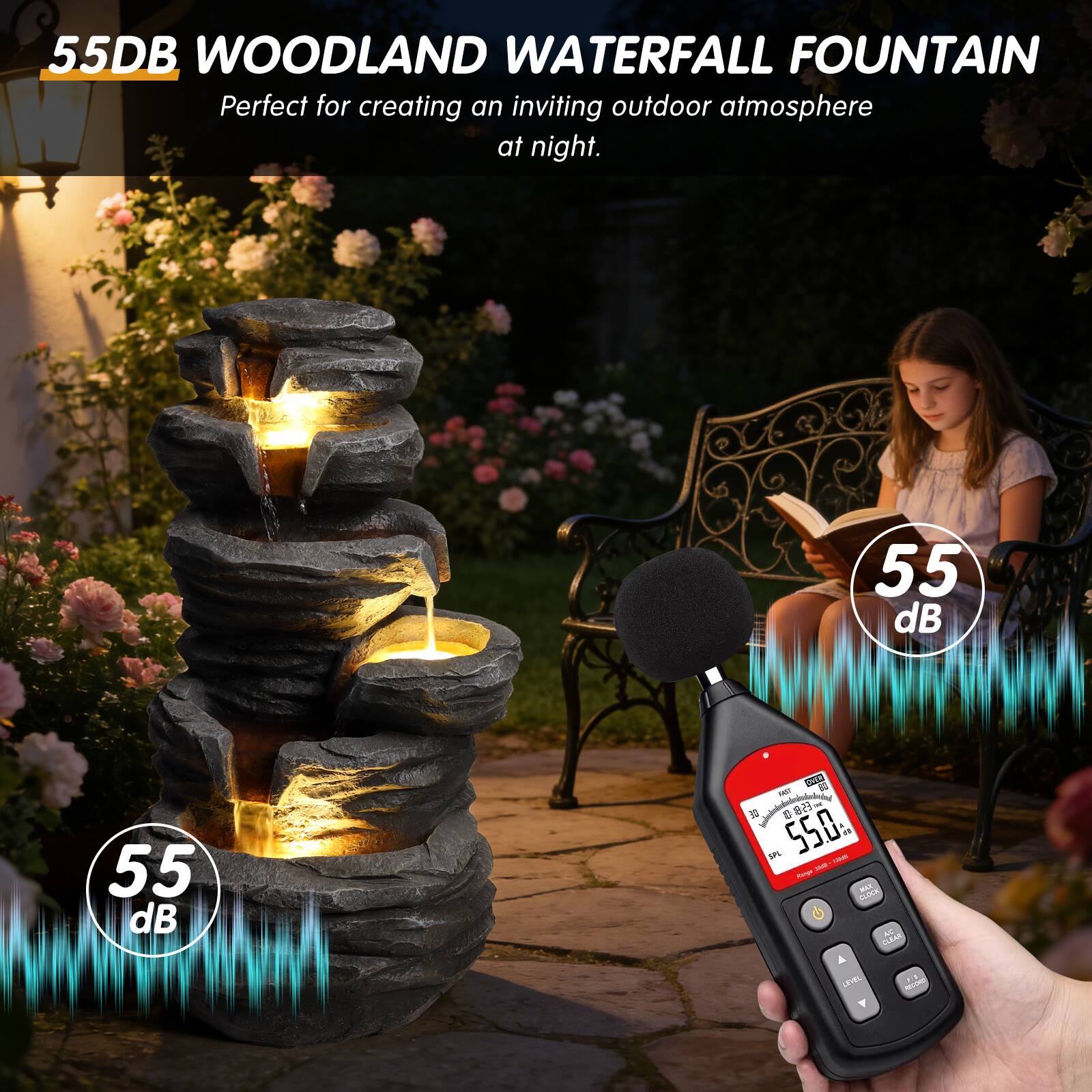 Anysun Outdoor Waterfall Fountain with Lights – Stacked Rock Cascading ...