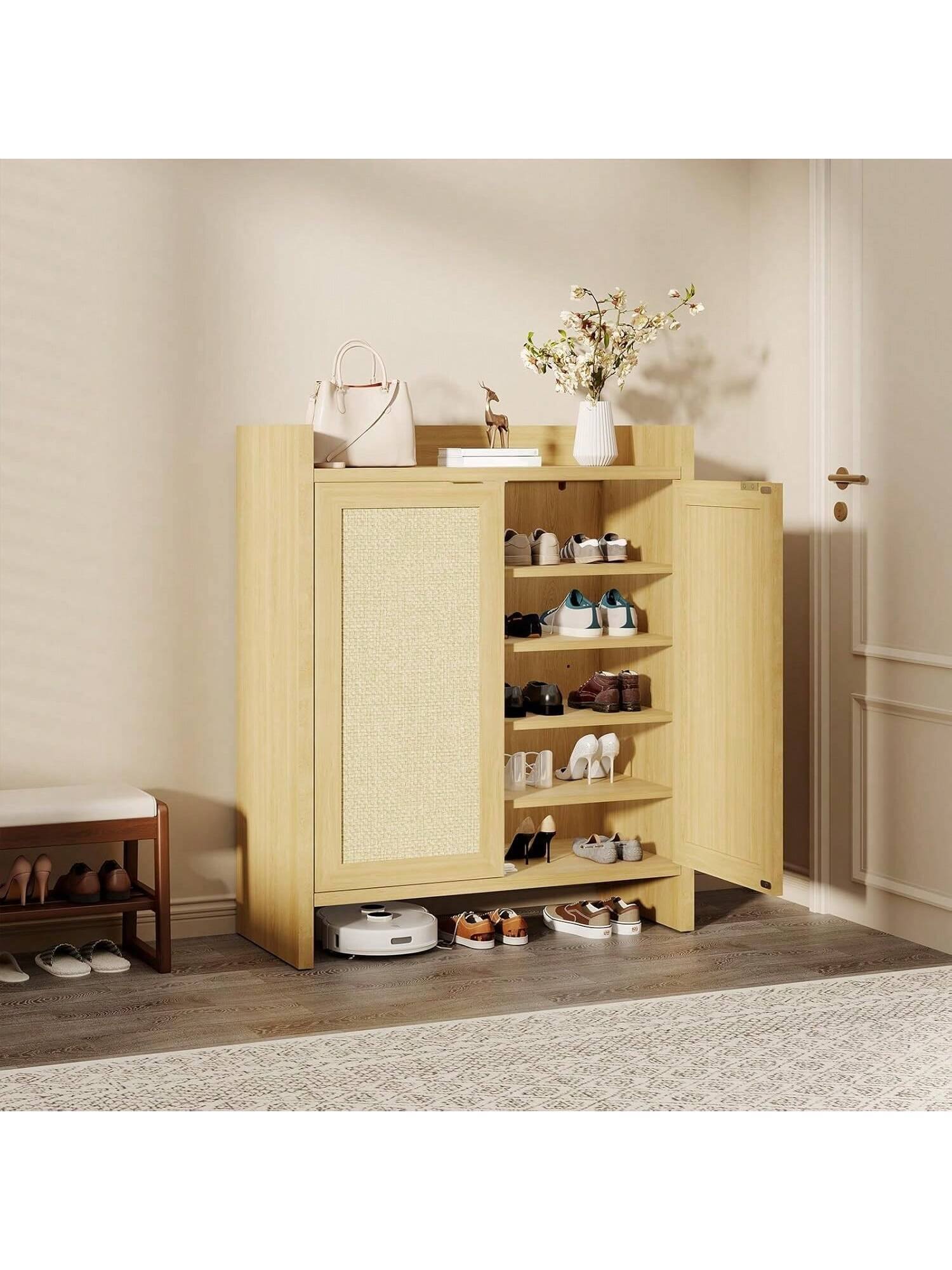 GARVEE Home Rattan Shoe Storage Cabinet Farmhouse Freestanding Wood ...