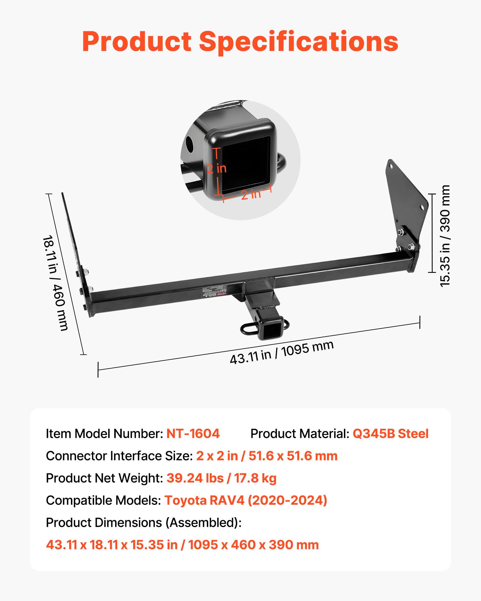VEVOR Class 3 Trailer Hitch, 2 Inch Receiver, 6000 lbs, Q345B Steel Tube Frame, Compatible with ...