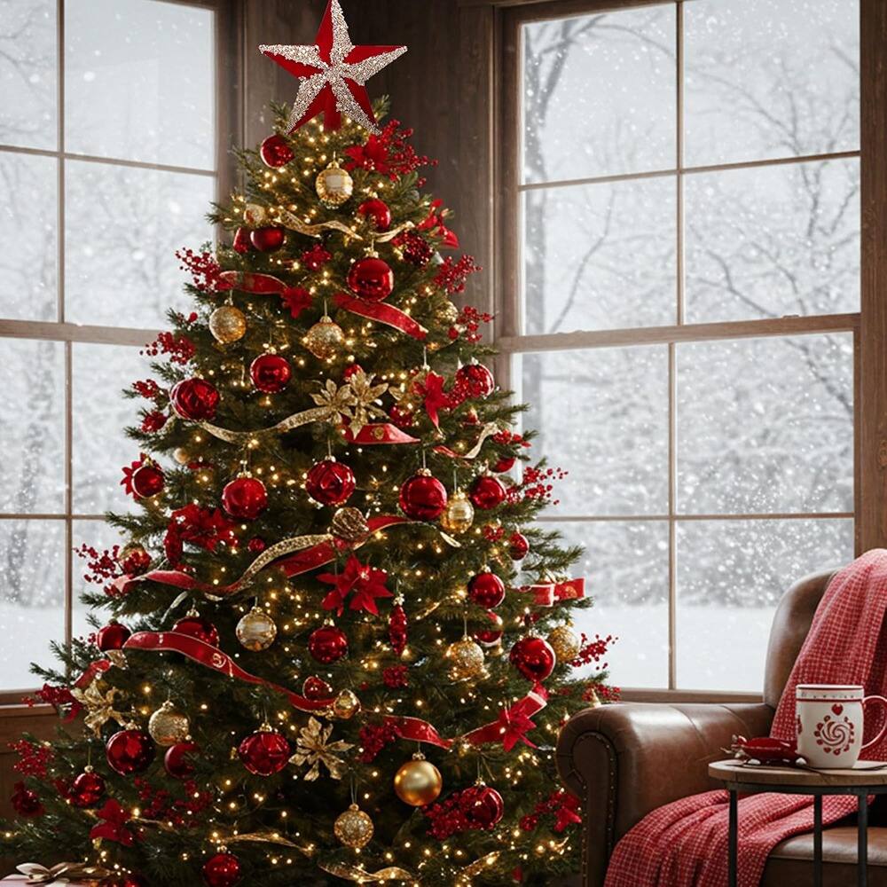 PARKER SLATER 7.87" Velvet Glitter Star Tree Topper – Red & Silver ...