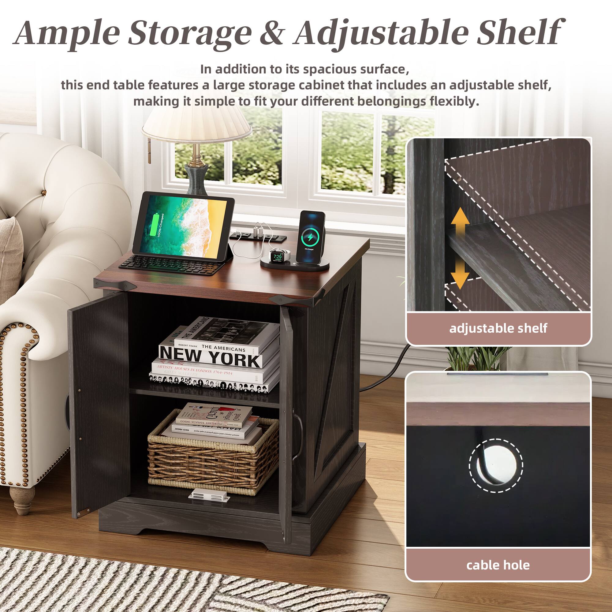 Ecooso Farmhouse End Table with Charging Station, Adjustable Shelf ...