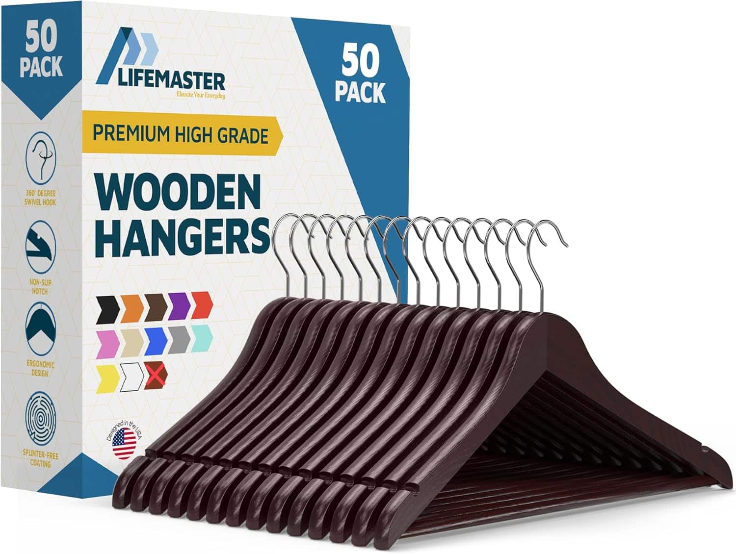 Cherry Lifemaster - Wooden Clothes Hangers – 50-Pack, 360° Swivel Hook ...