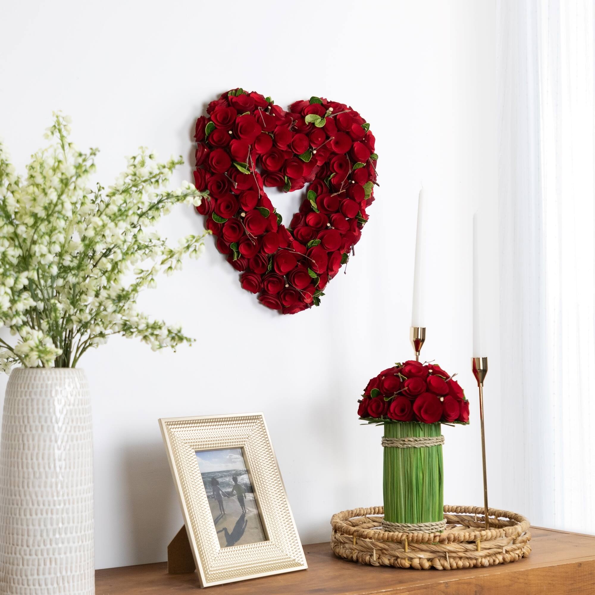 Northlight Wooden Roses Floral Artificial Valentine's Day Heart Wreath ...