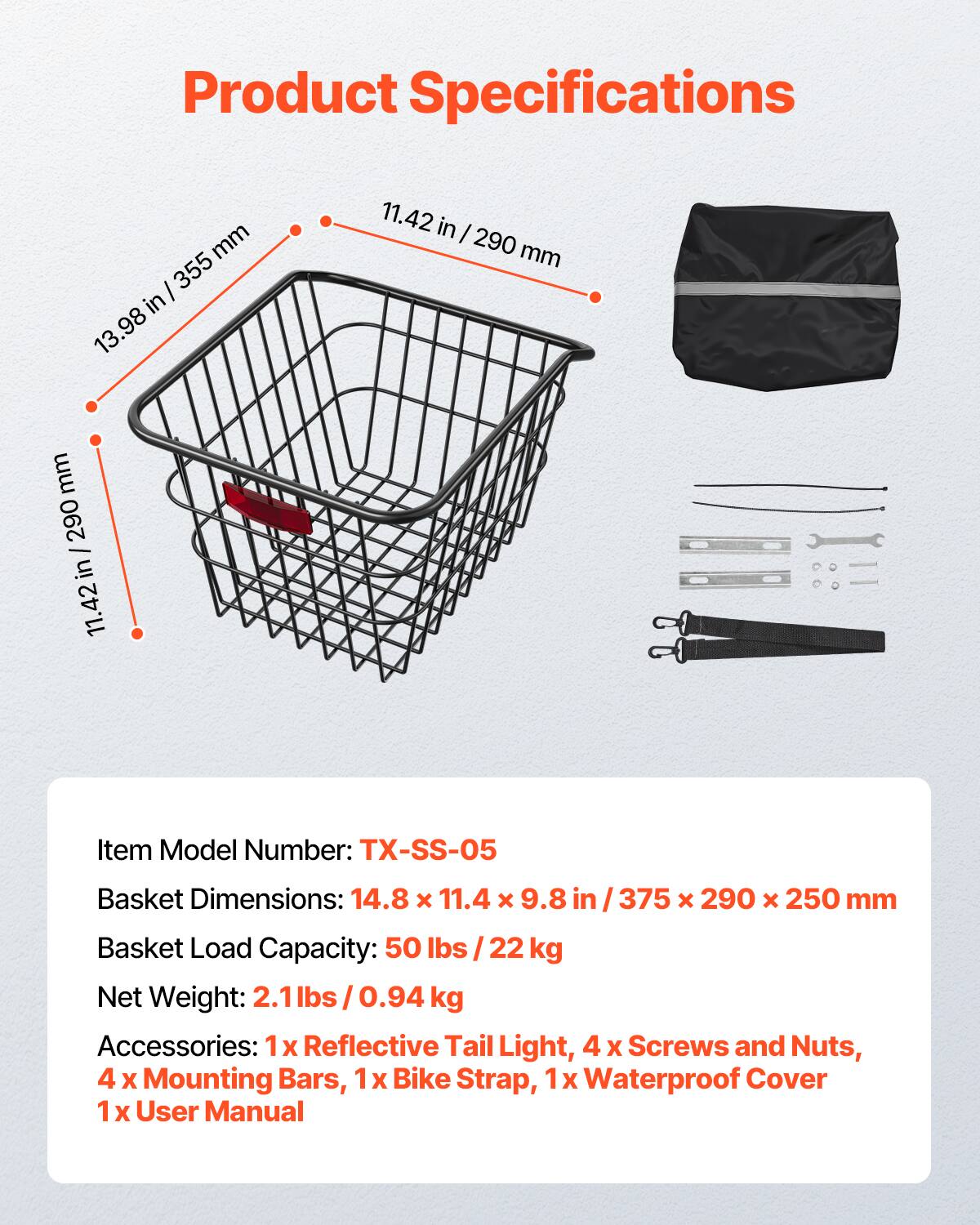 VEVOR Rear Bike Basket, Metal Wire Bicycle Basket with Reflective Tail Light & Waterproof Cover ...