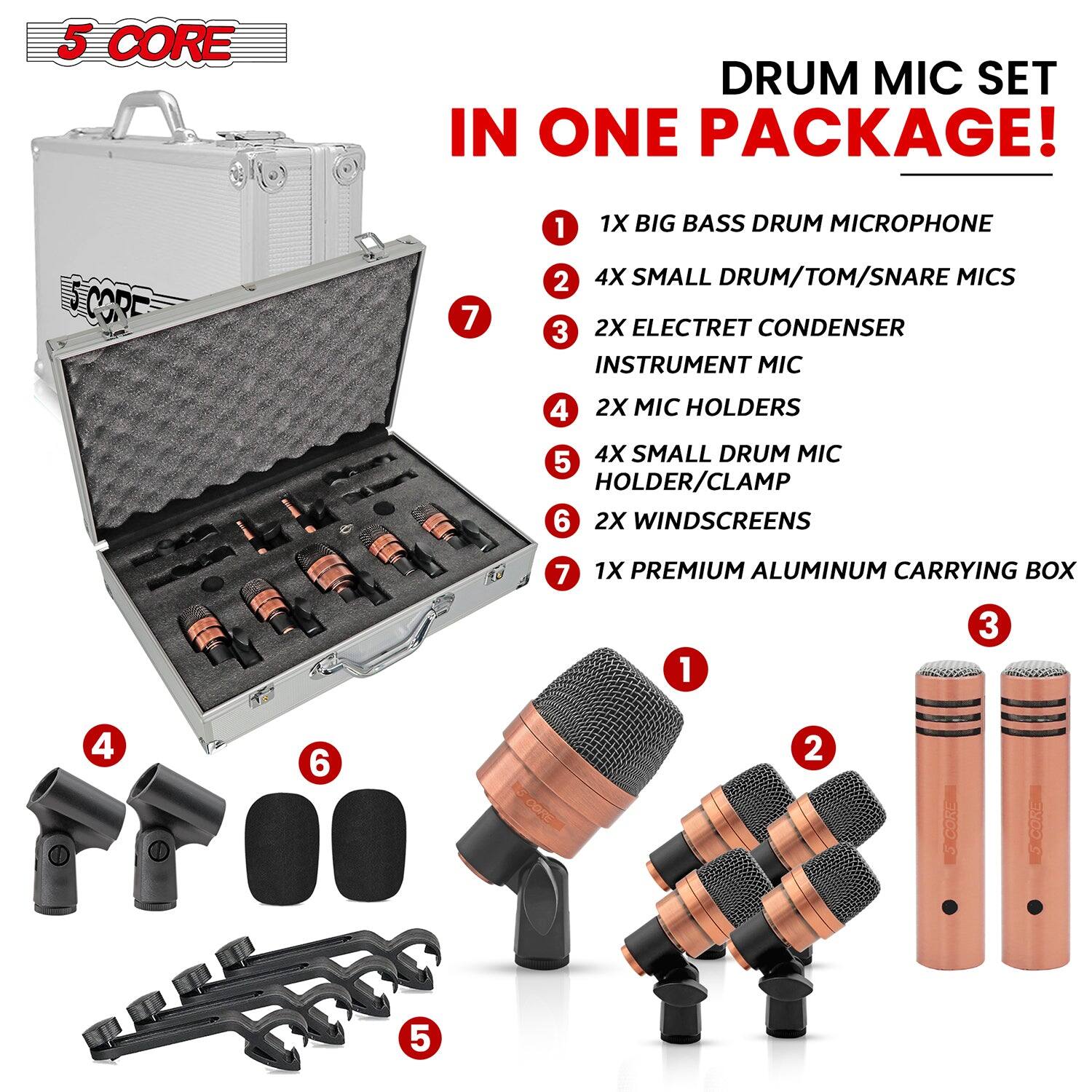 5 CORE Drum Mic Kit 7 Pcs Kick Bass Tom Snare Dynamic Microphone ...