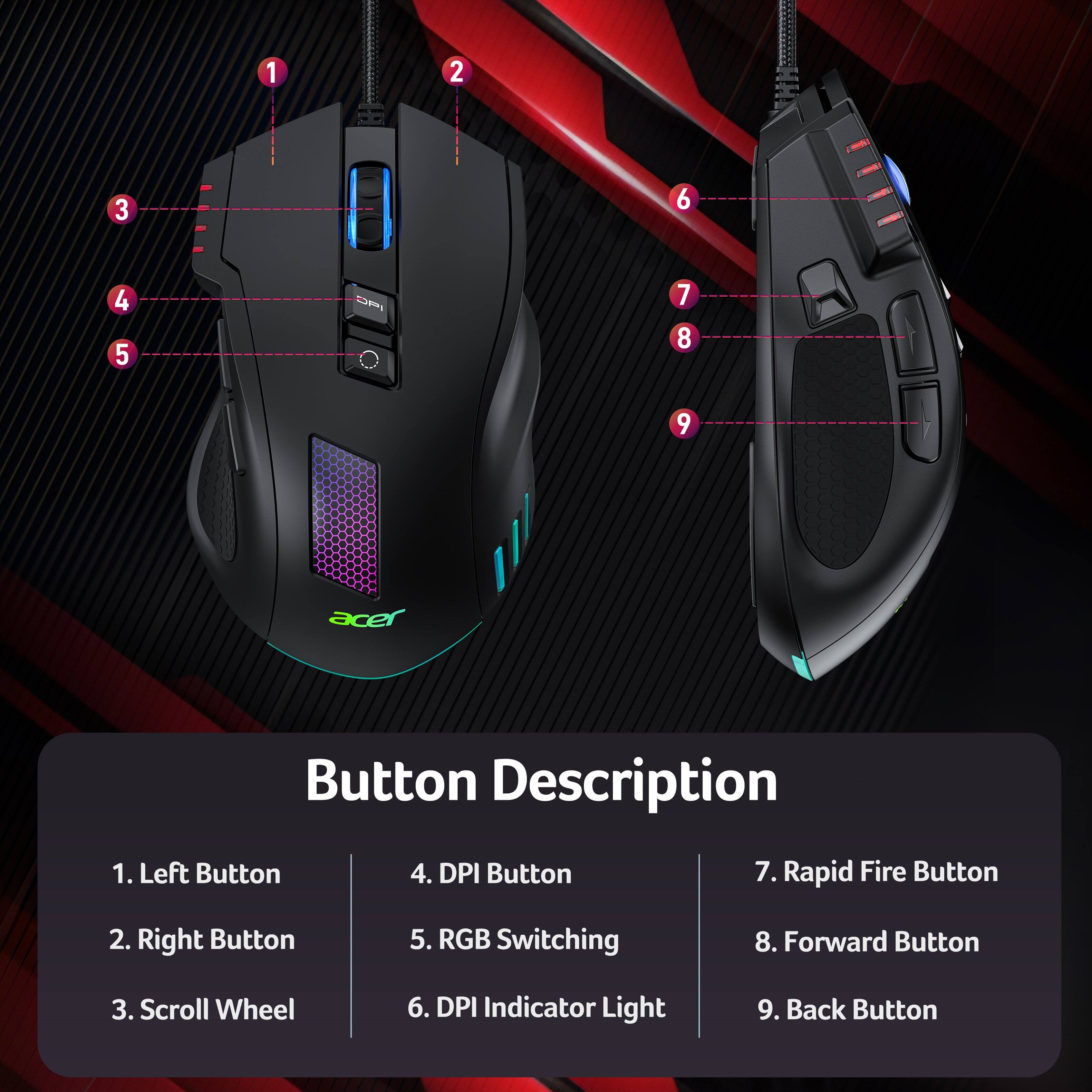 Acer Wired Gaming Mouse, 12,800 DPI Optical Sensor RGB Ergonomic Mouse ...