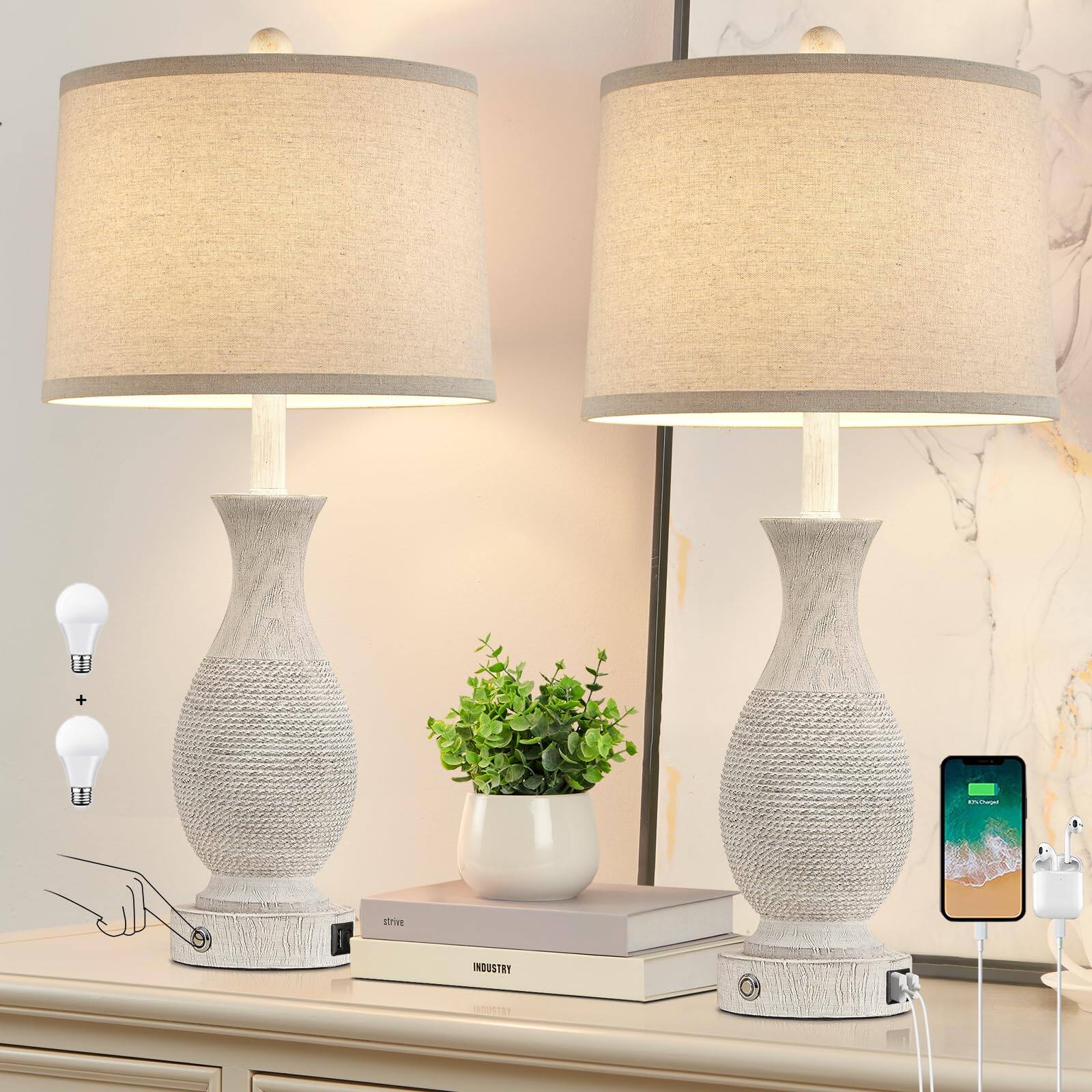 TECH SAFARI Rustic Farmhouse Table Lamps For Living Room Set Of Bedroom ...
