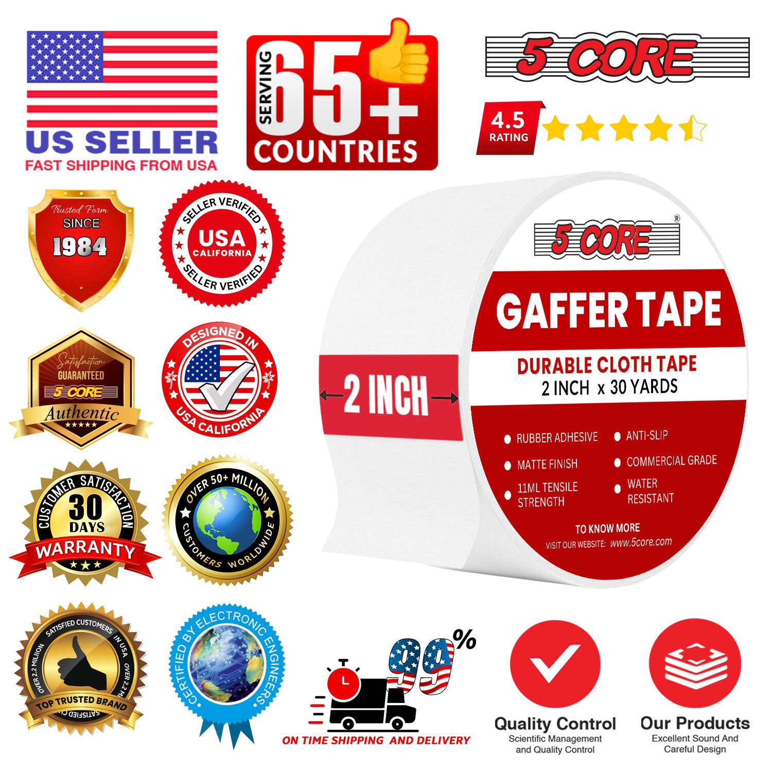 5 CORE Gaffers Tape 2" 30 Yards 4Pcs Professional Black Pro Gaff Tape ...