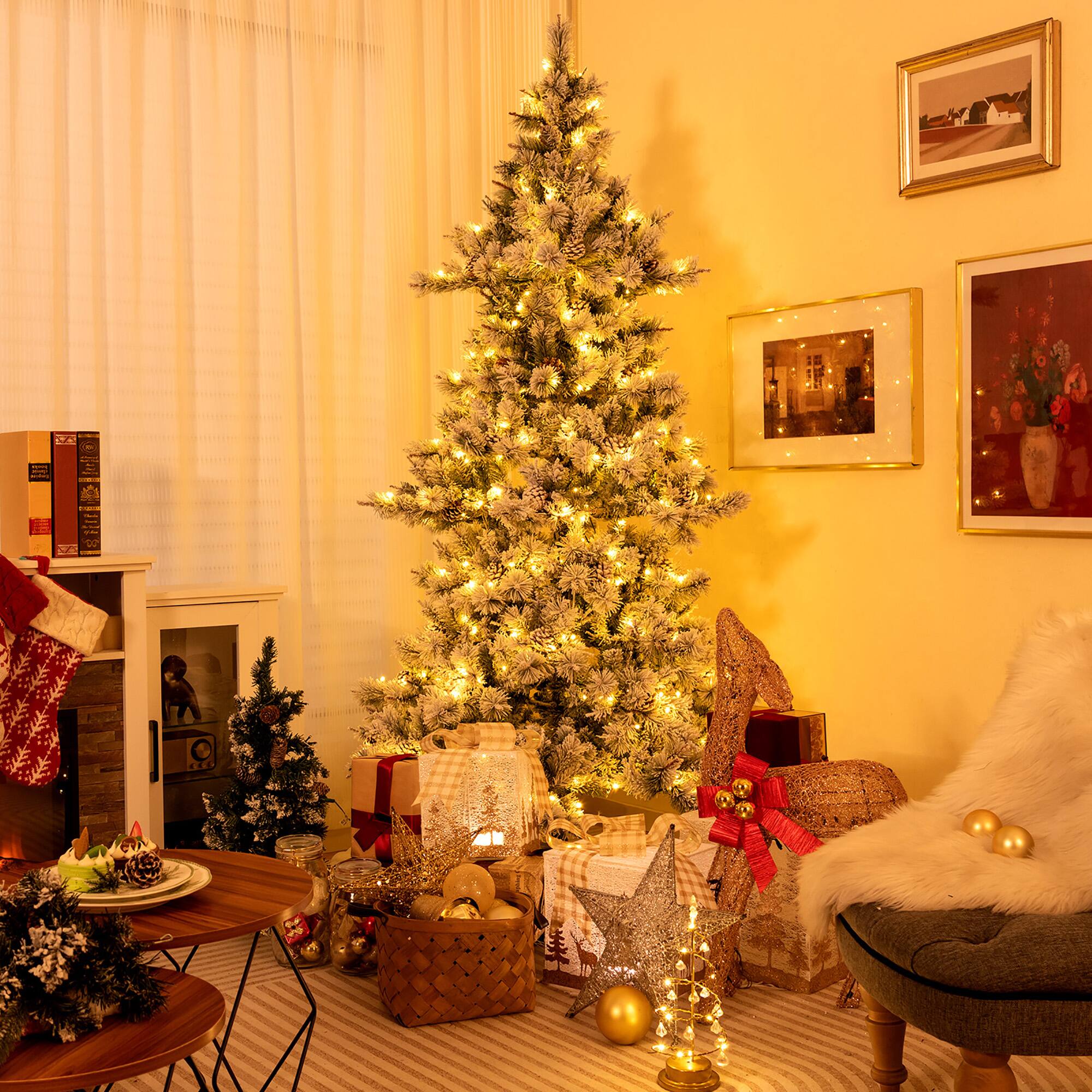 Gymax 7 FT Pre Lit Snow Flocked Christmas Tree Artificial Hinged Xmas ...