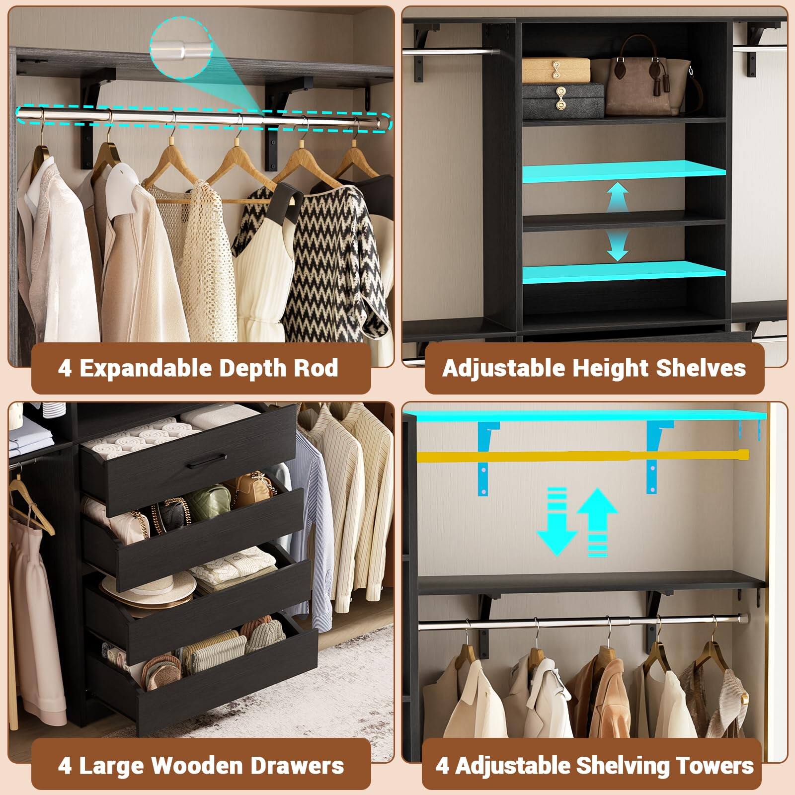 Aheaplus 2 Piece Wood Closet System with 8 Hanging Rods & 4 Drawers ...