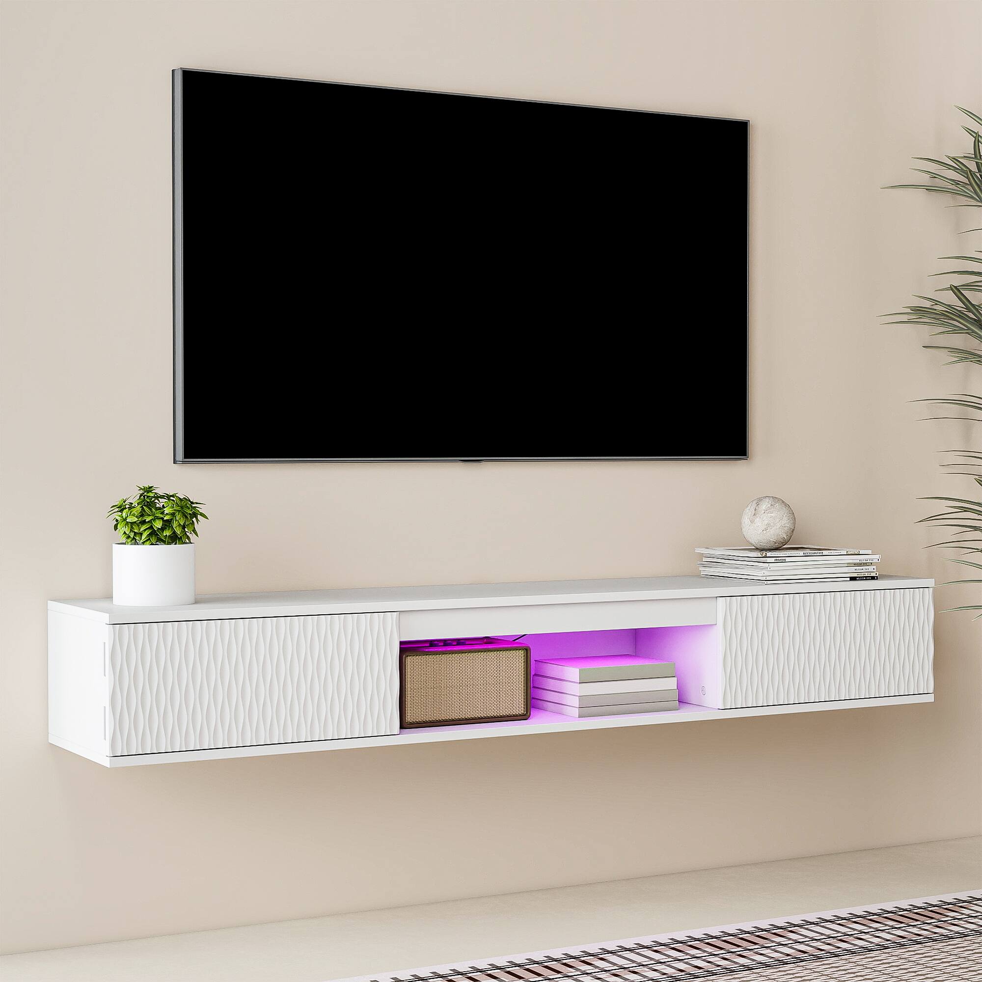 Kadyn Wall Mounted Floating TV Stand with LED Lighting and Textured ...