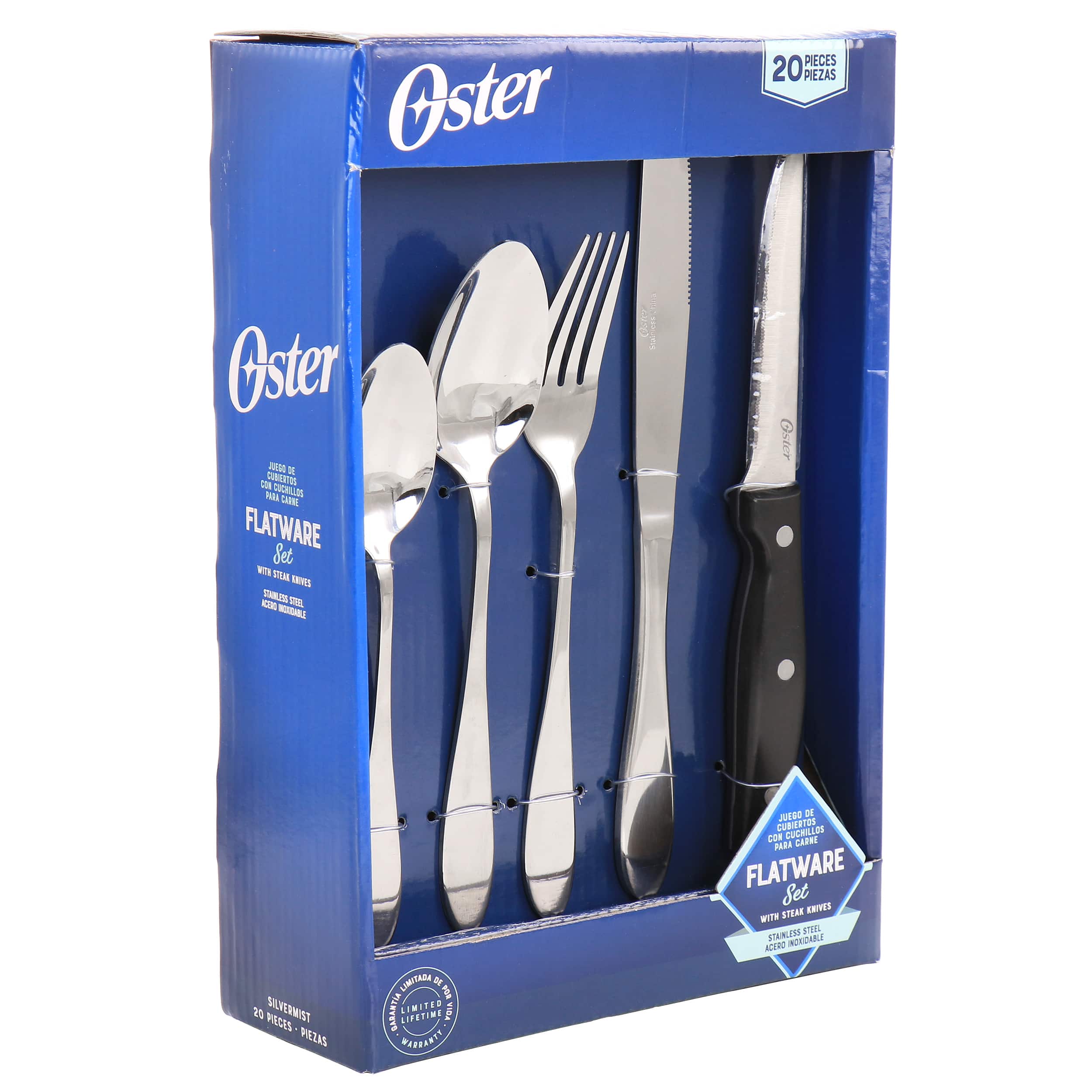 Oster Silvermist 20 Piece Stainless Steel Flatware Set with Steak ...