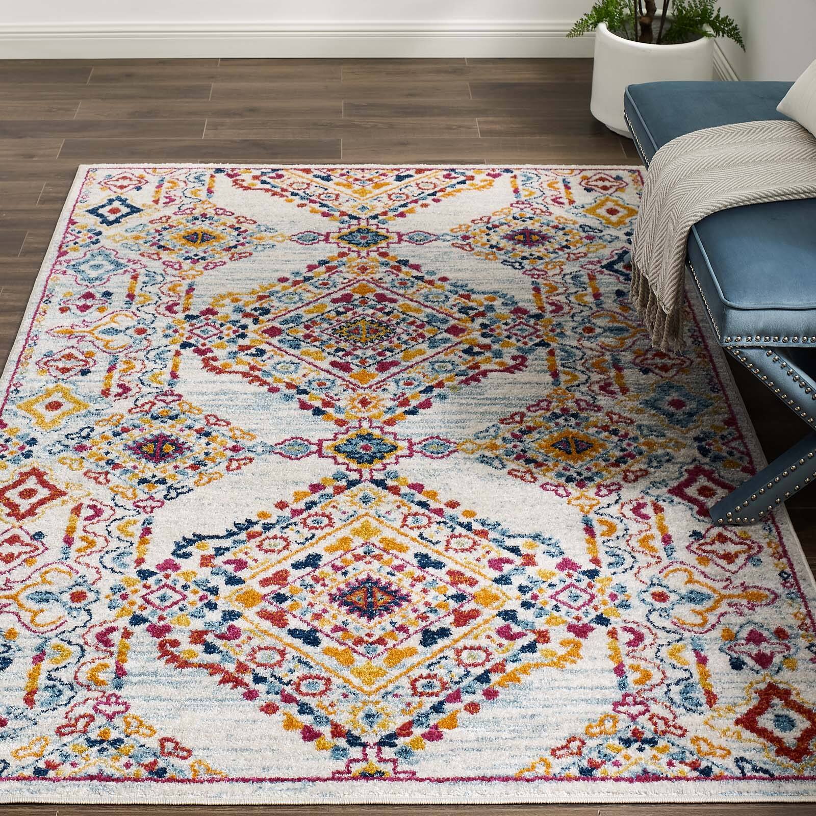 Modway Entourage Khalida Distressed Floral Lattice Area Rug Ivory Blue ...