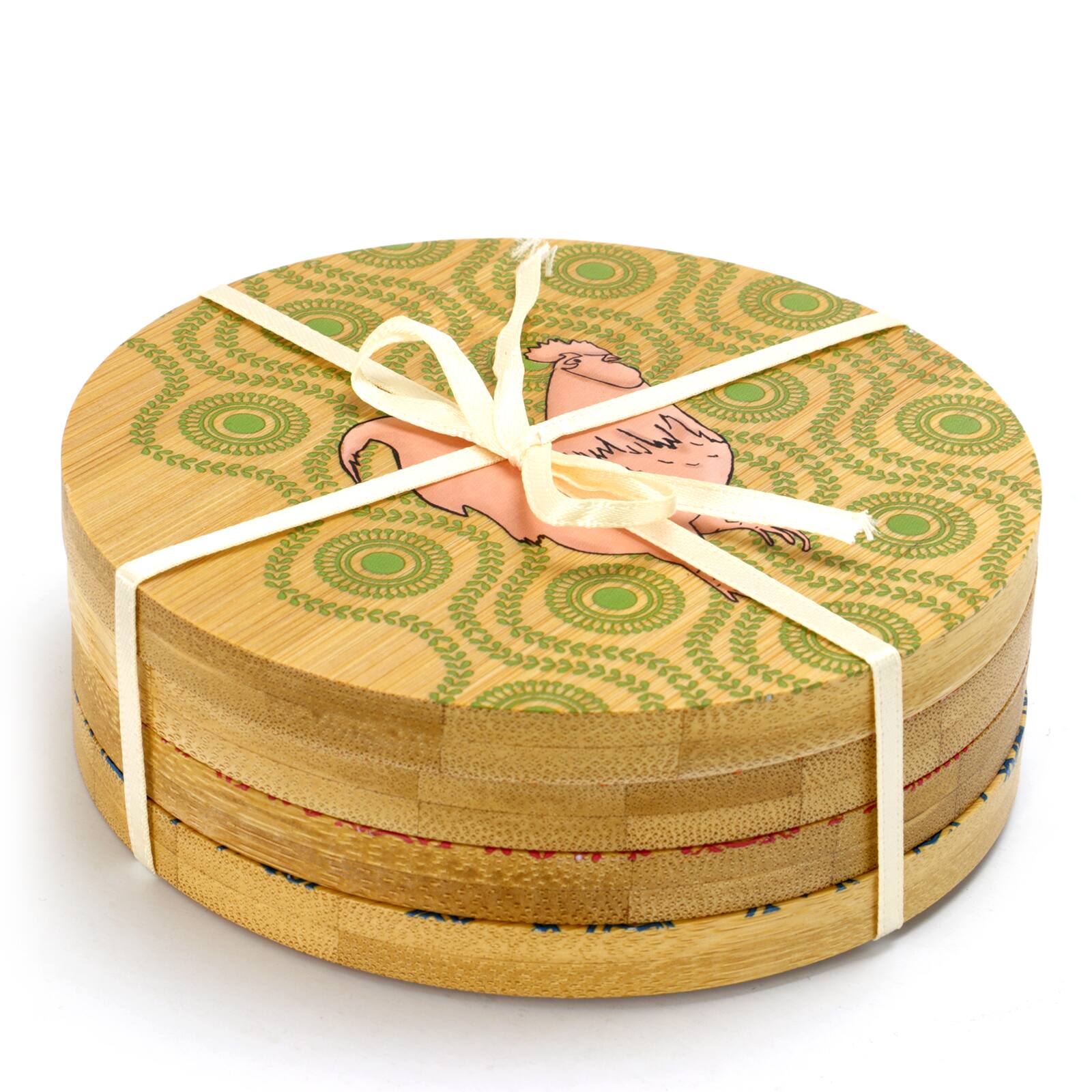 Bamboo Urban Market - 4 Piece Coaster Set with Decorative Farm Animals ...