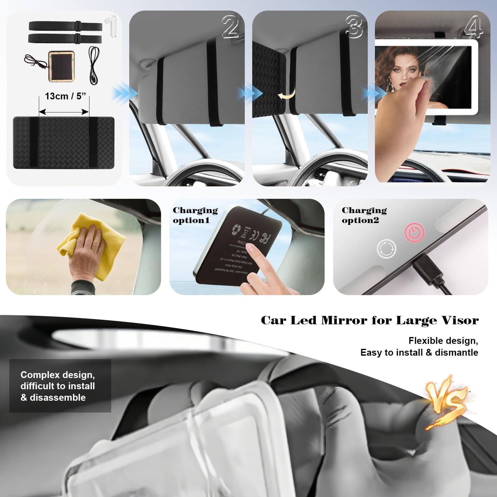 Pacoar Cade Large Vanity Mirror With Solar& Charging Sun Visor color ...