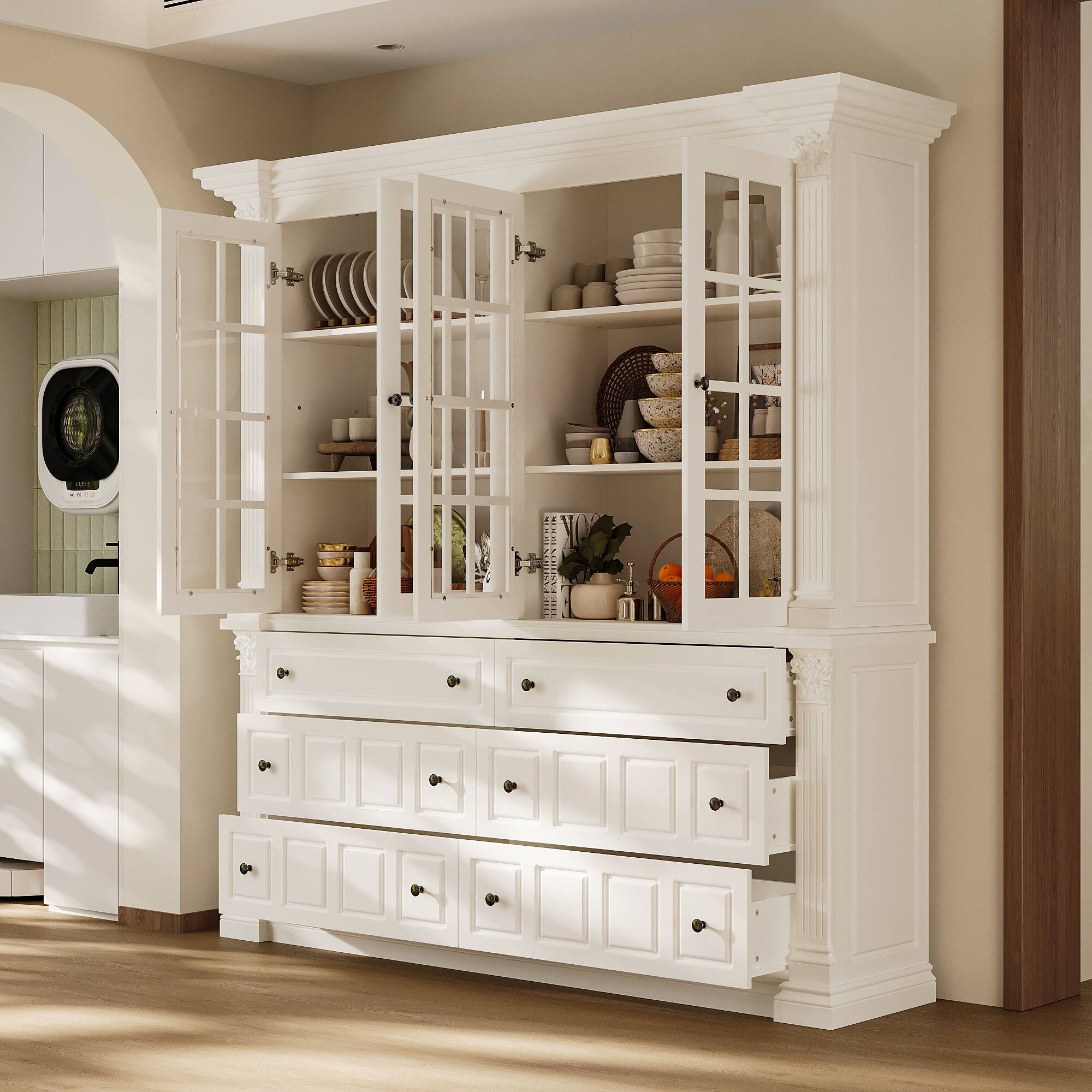 FUFU&GAGA Extra Large Display Cabinet with Glass Doors and Roman Column ...