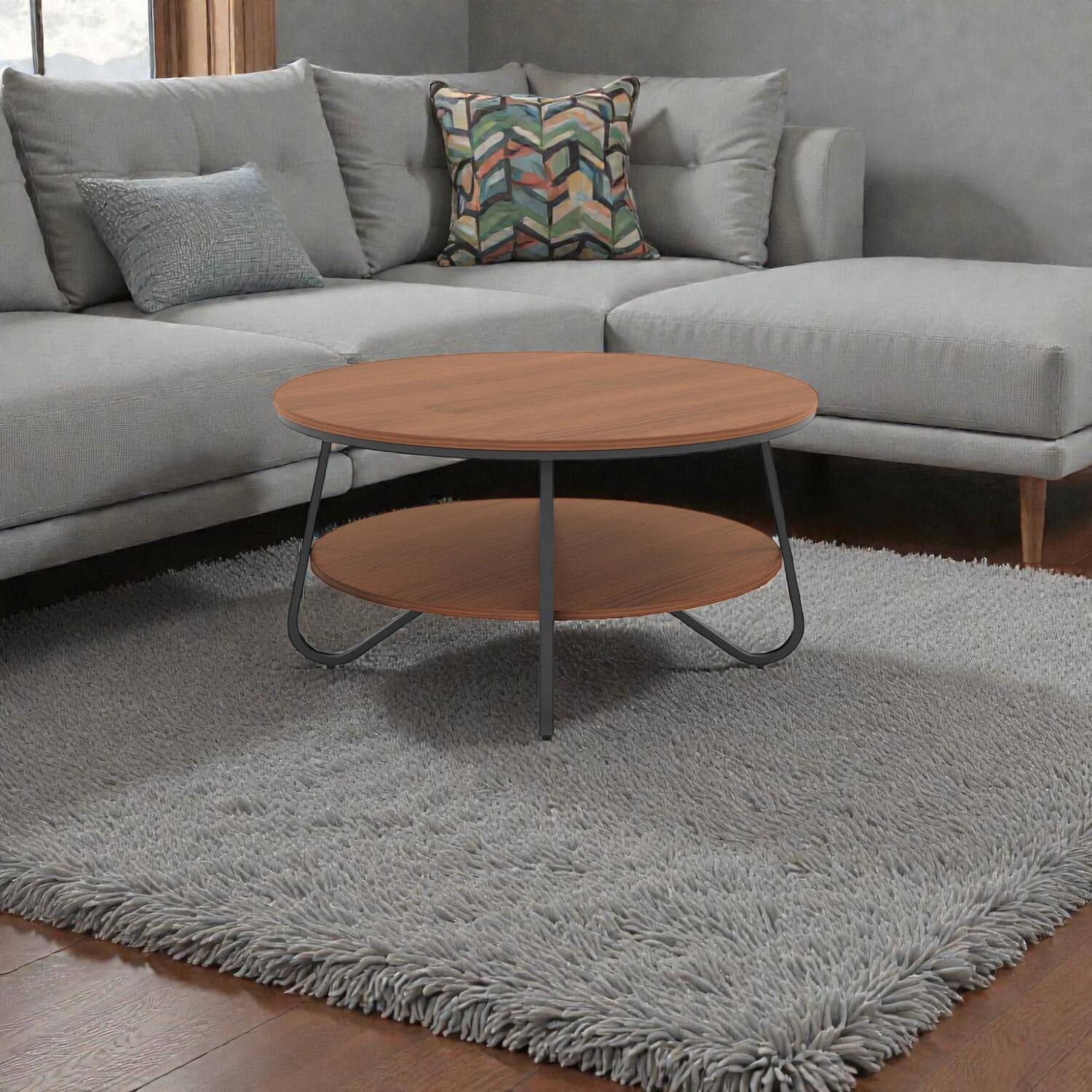 Hivvago Industrial Style Round Coffee Table with Wood Look Top and ...