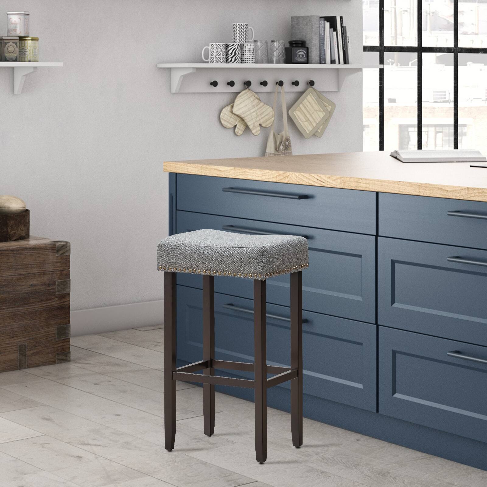 Sugift Set of 2 Nailhead Saddle Bar Stools 29 Inch Height Gray ...