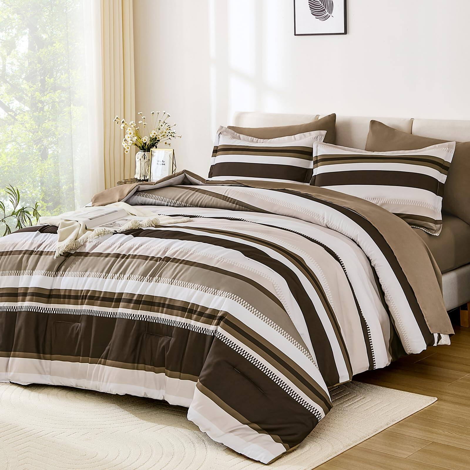 NICHOLAS KLEIN Queen Comforter Set Soft Striped Bed In A Bag With Flat ...