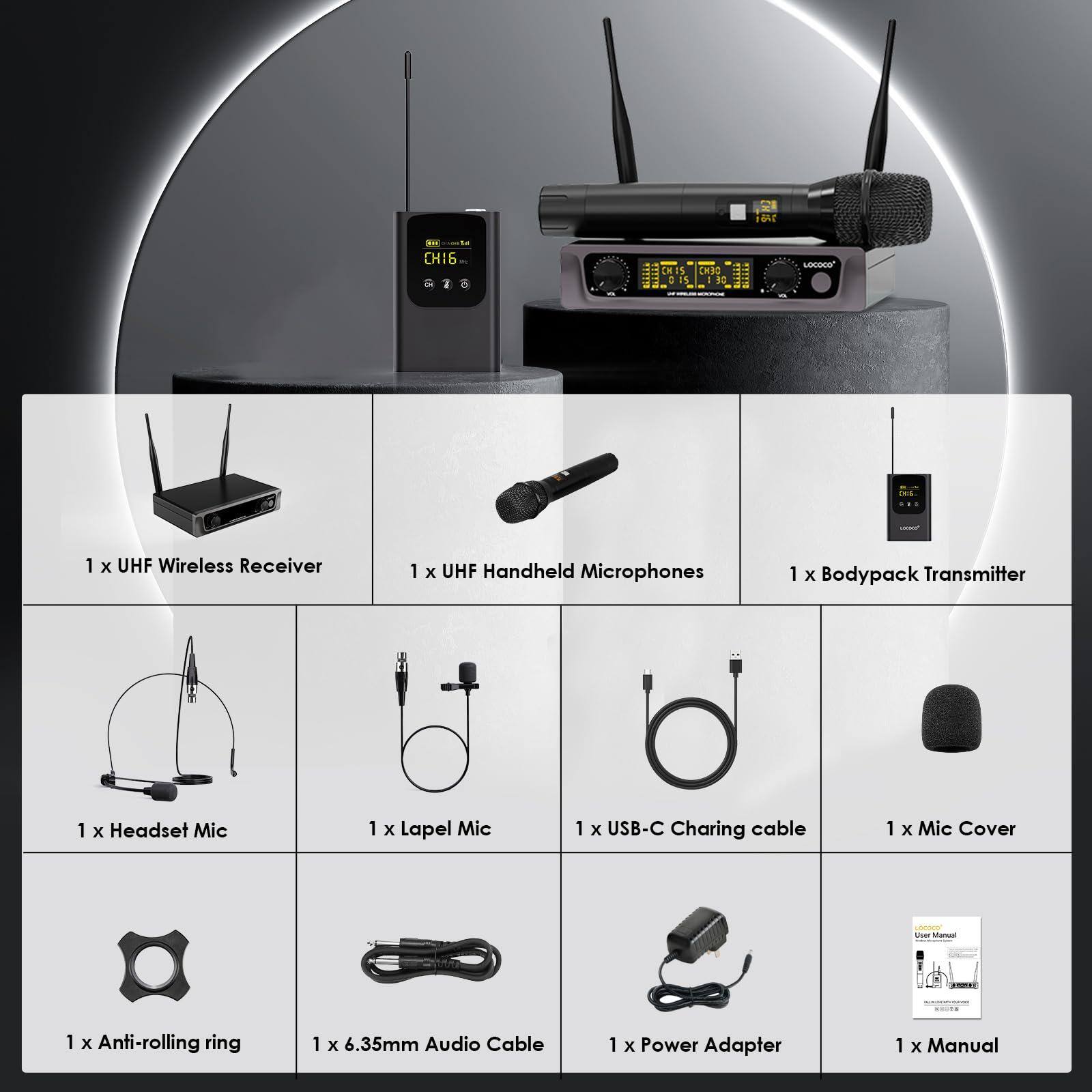Dazzling Pops Uhf Wireless Microphone System Set Metal Cordless ...