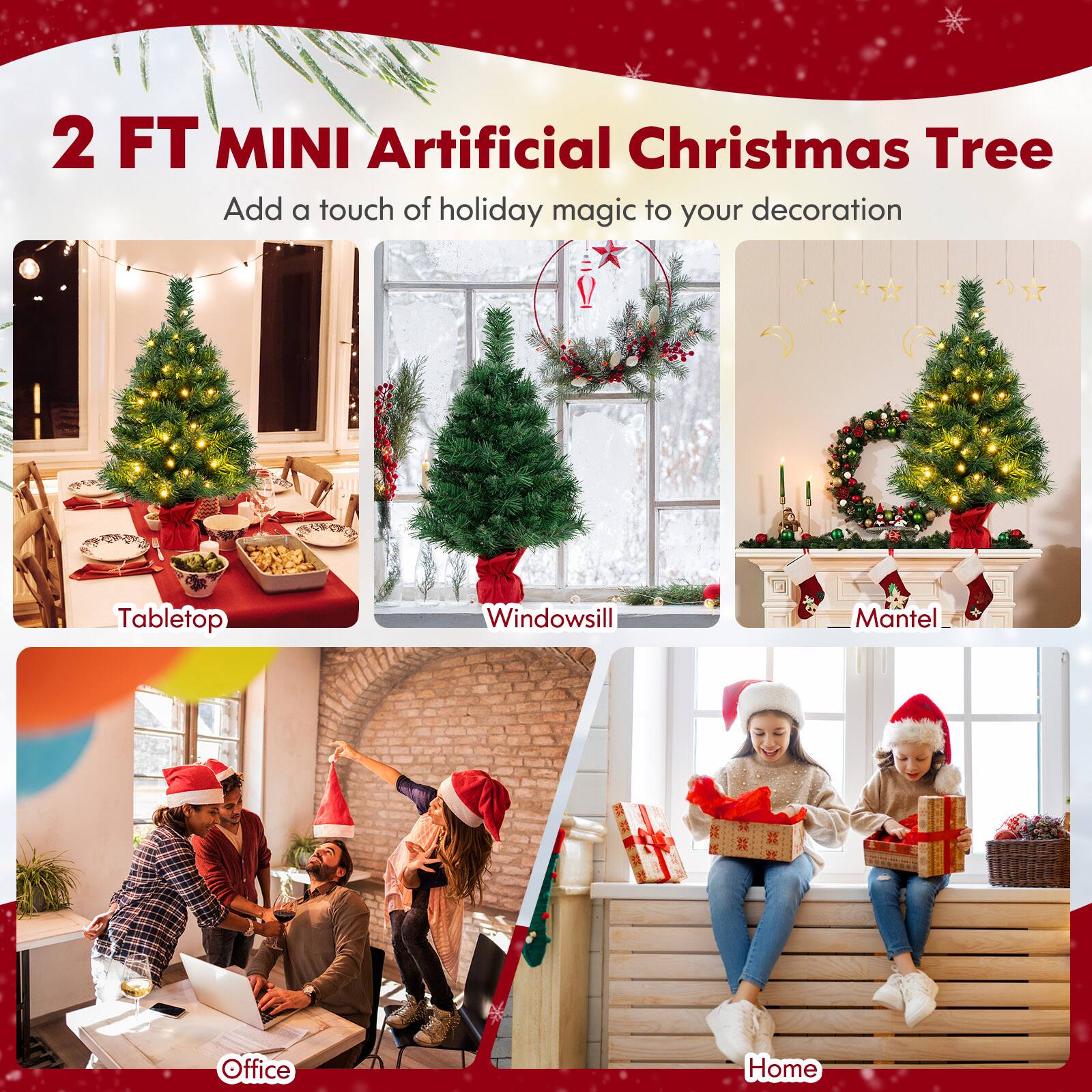 Ecooso 2ft Tabletop Artificial Christmas Tree Fir Style with LED Lights ...
