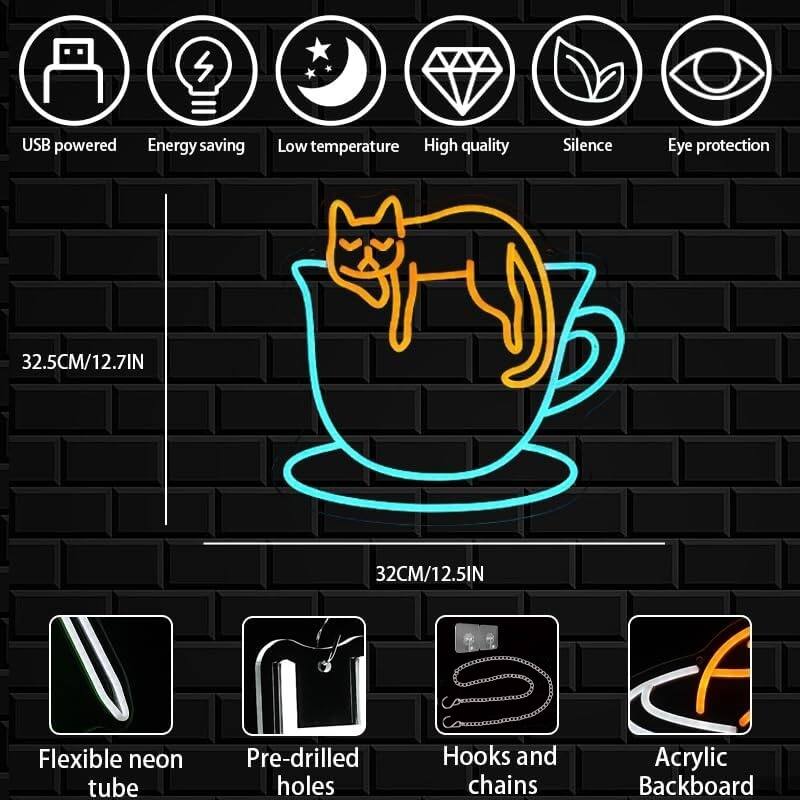 Auledio Coffee Cat Neon Sign for Wall Decor,Dimmable Coffee Cat Neon ...